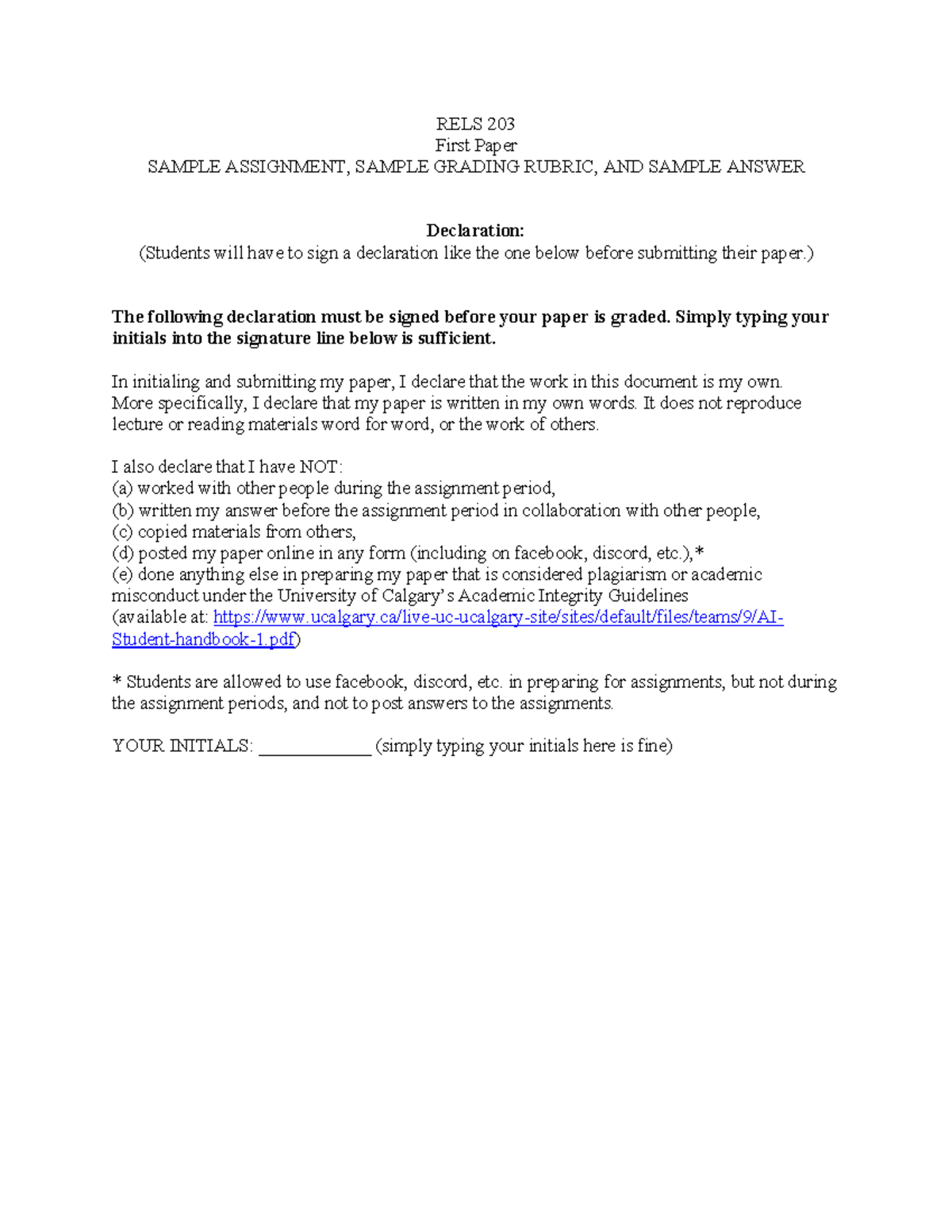 RELS 203 First Paper Sample Assignment Grading Rubric and Answer - Studocu