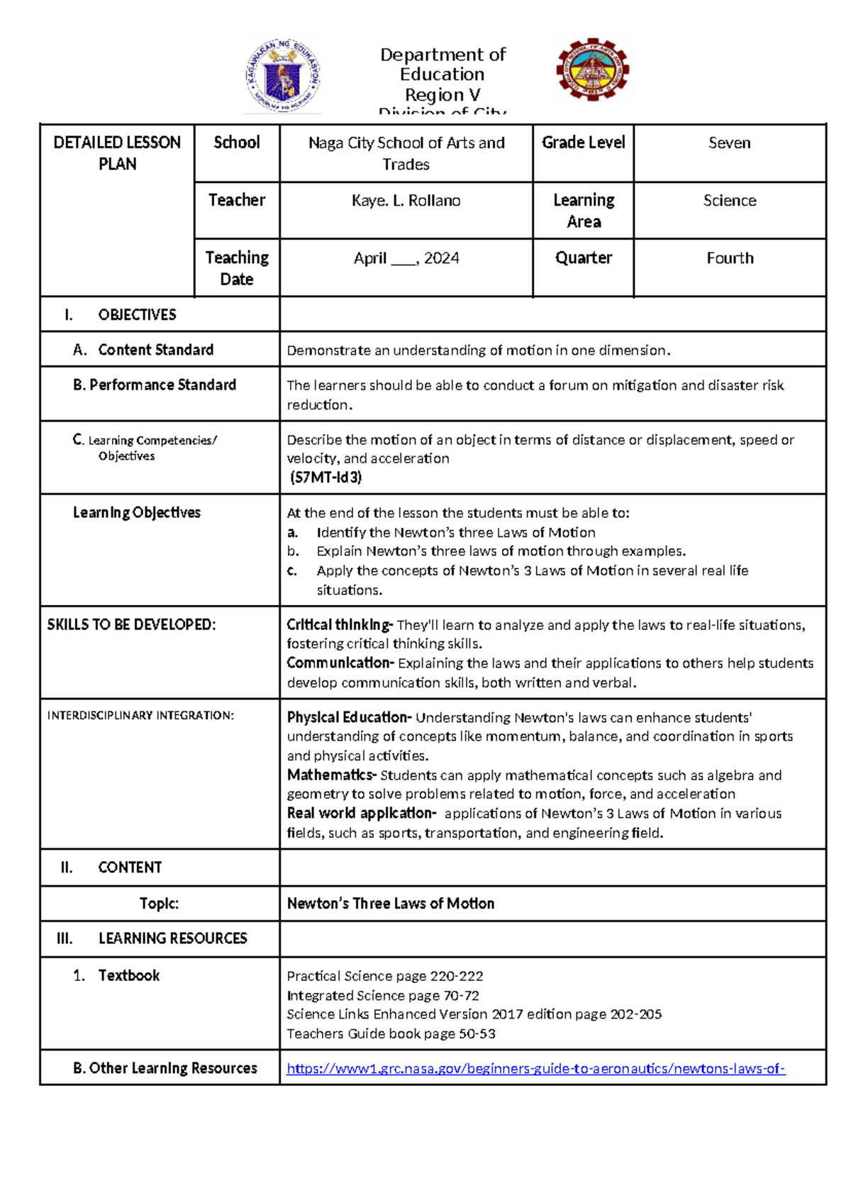 DLP - Lesson paln - DETAILED LESSON PLAN School Naga City School of ...
