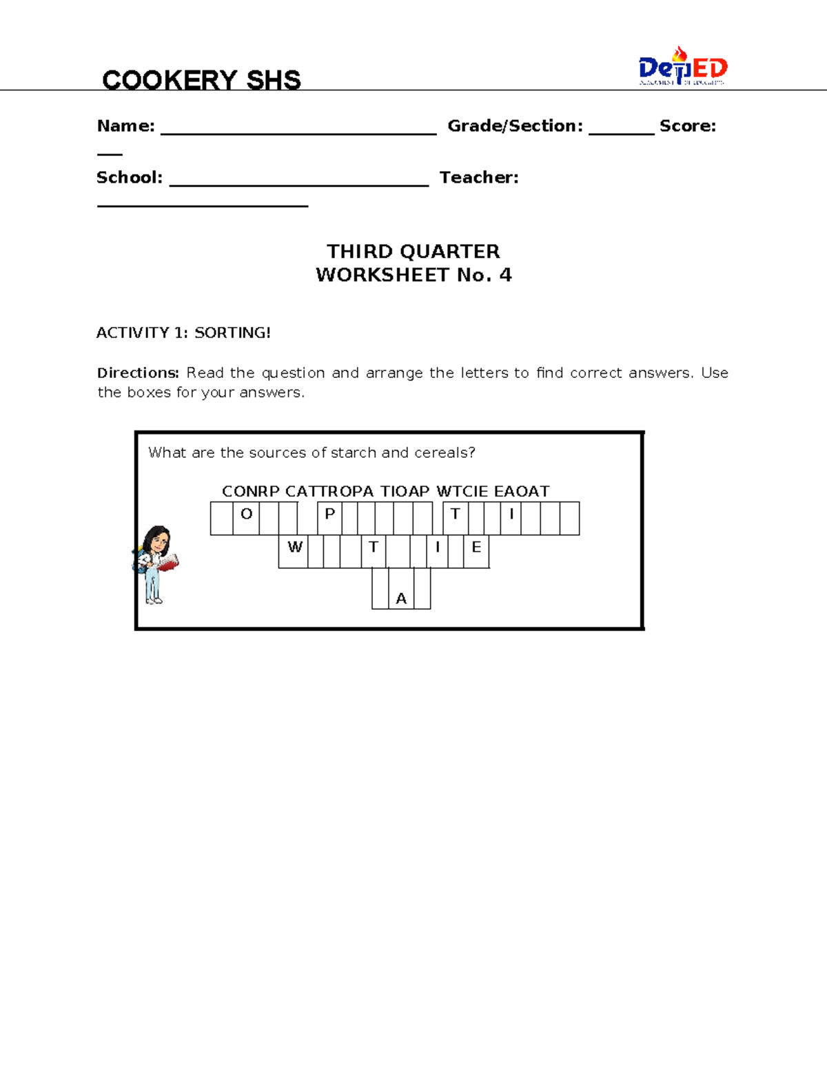 TVL Cookery-Q3-DW4 - cookery - Name ...