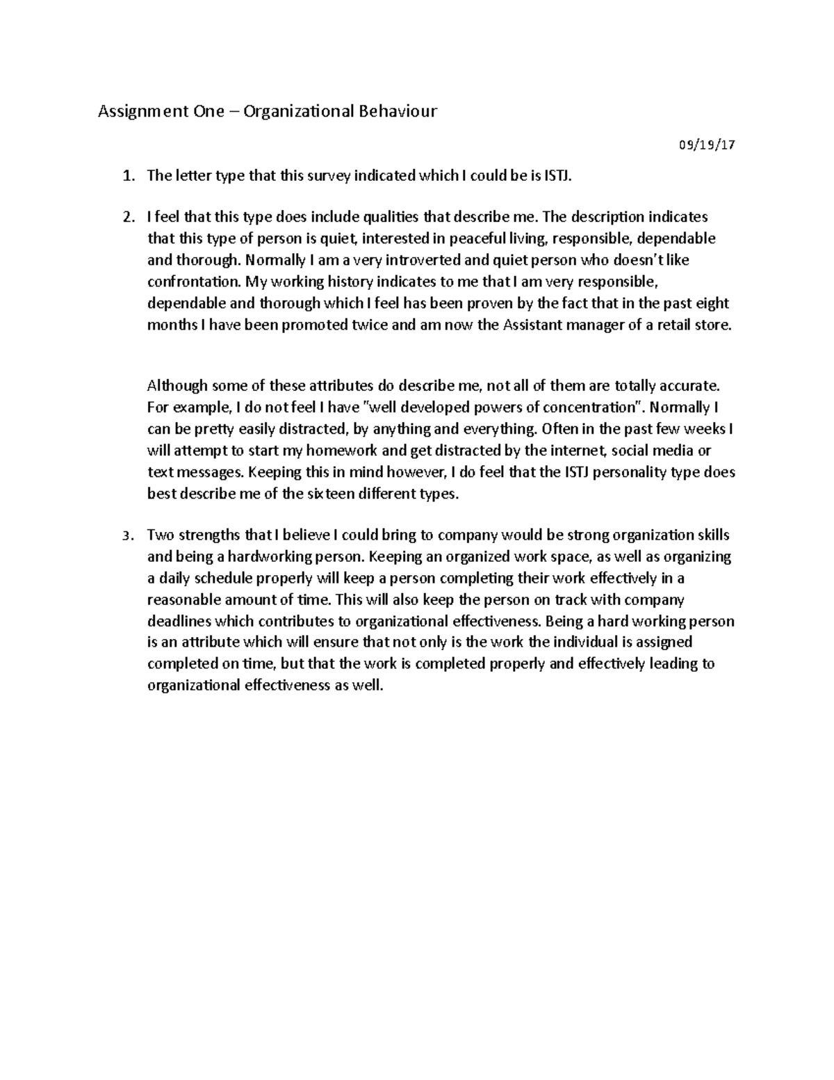 Assignment One OB - Assignment One – Organizational Behaviour 09/19/17 ...