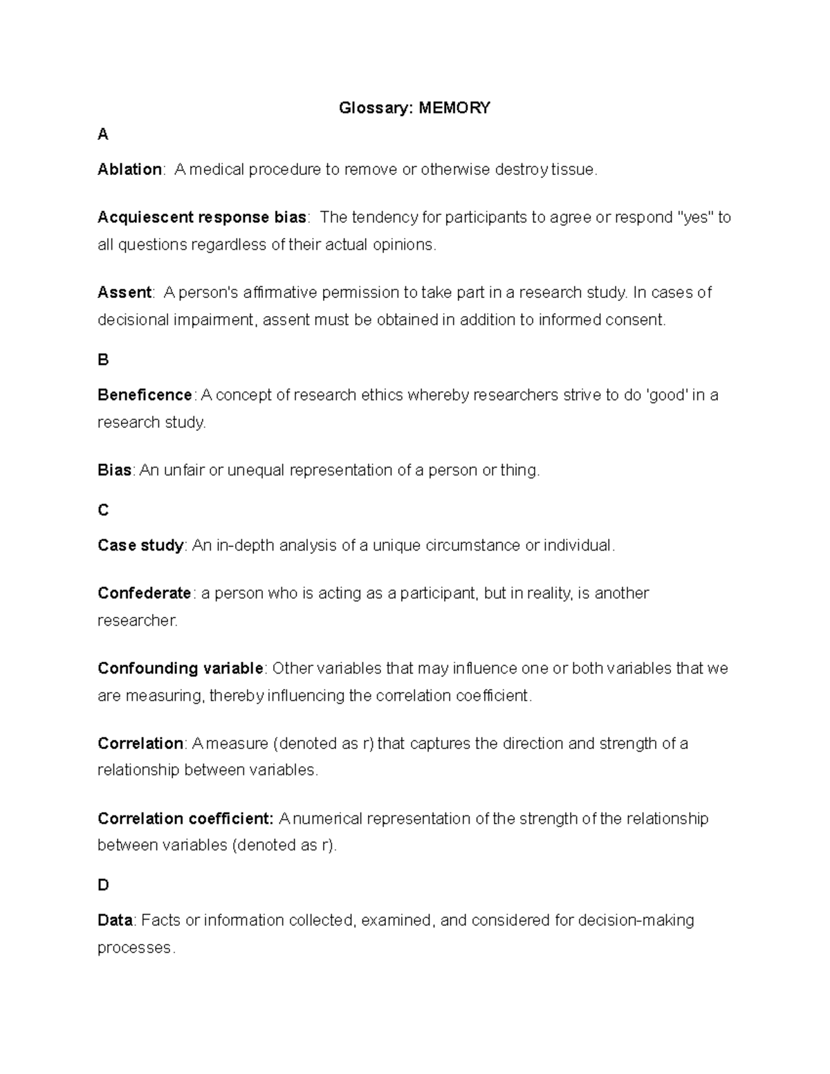 memory-terms-glossary-memory-a-ablation-a-medical-procedure-to