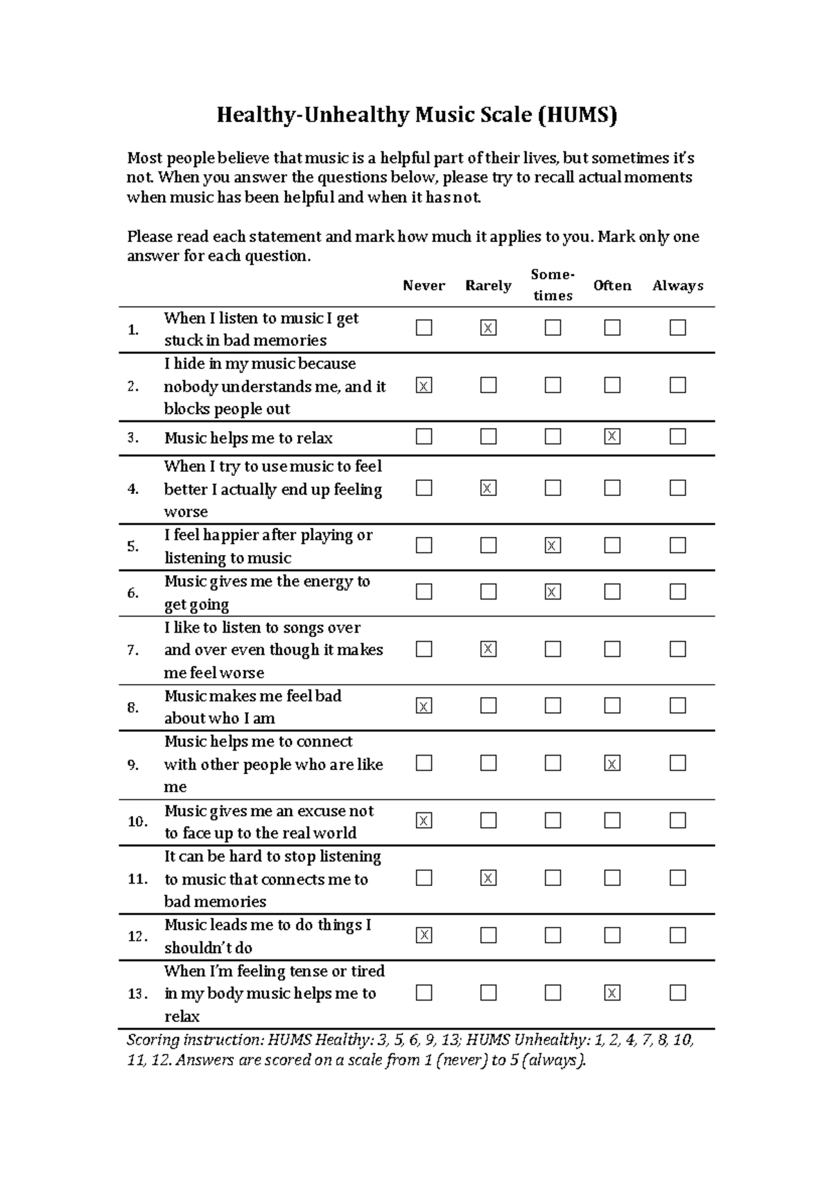 HUMS scale filled - Healthy-­‐Unhealthy Music Scale (HUMS) Most people ...