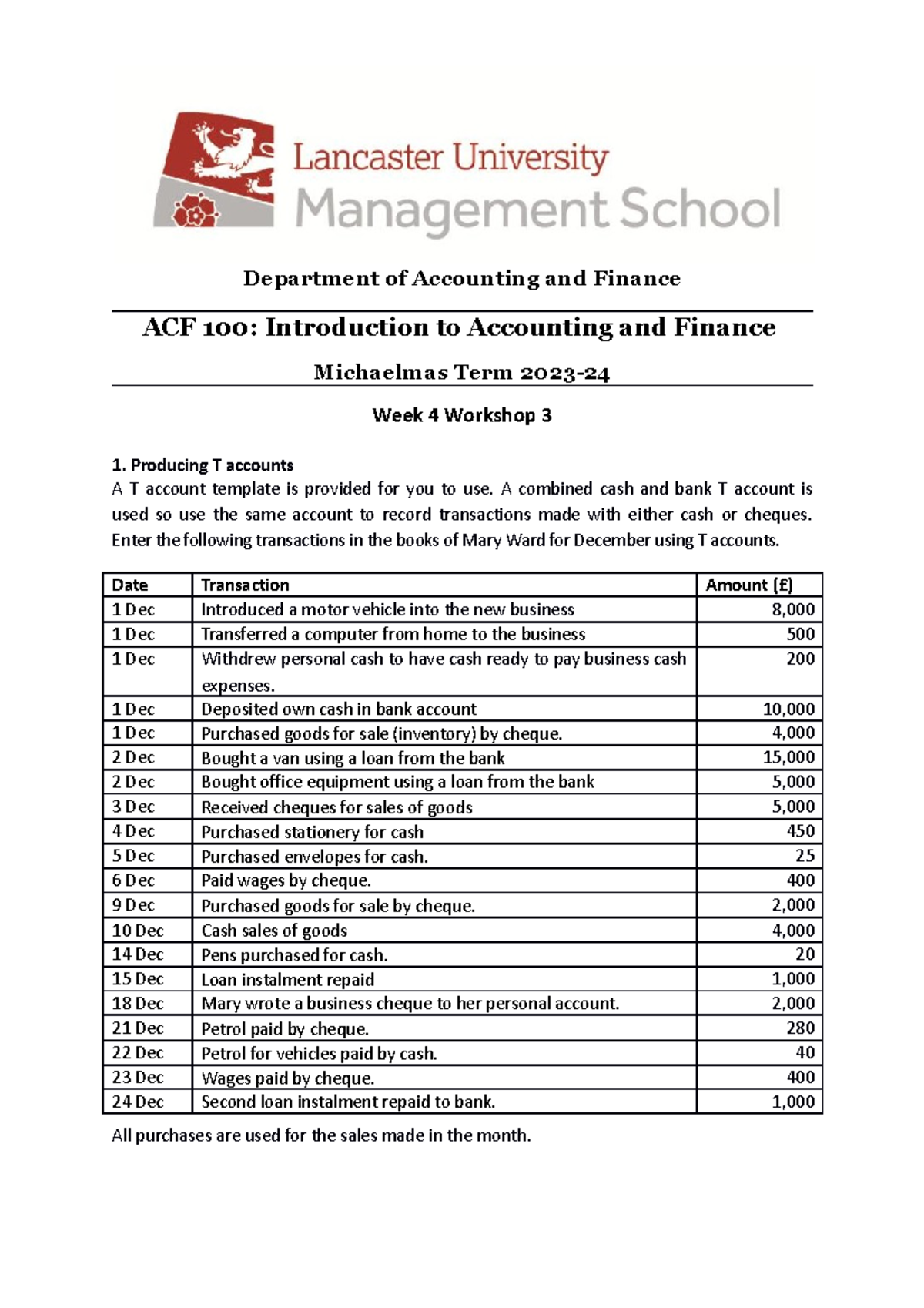 Week 4 workshop question - Department of Accounting and Finance ACF 100 ...