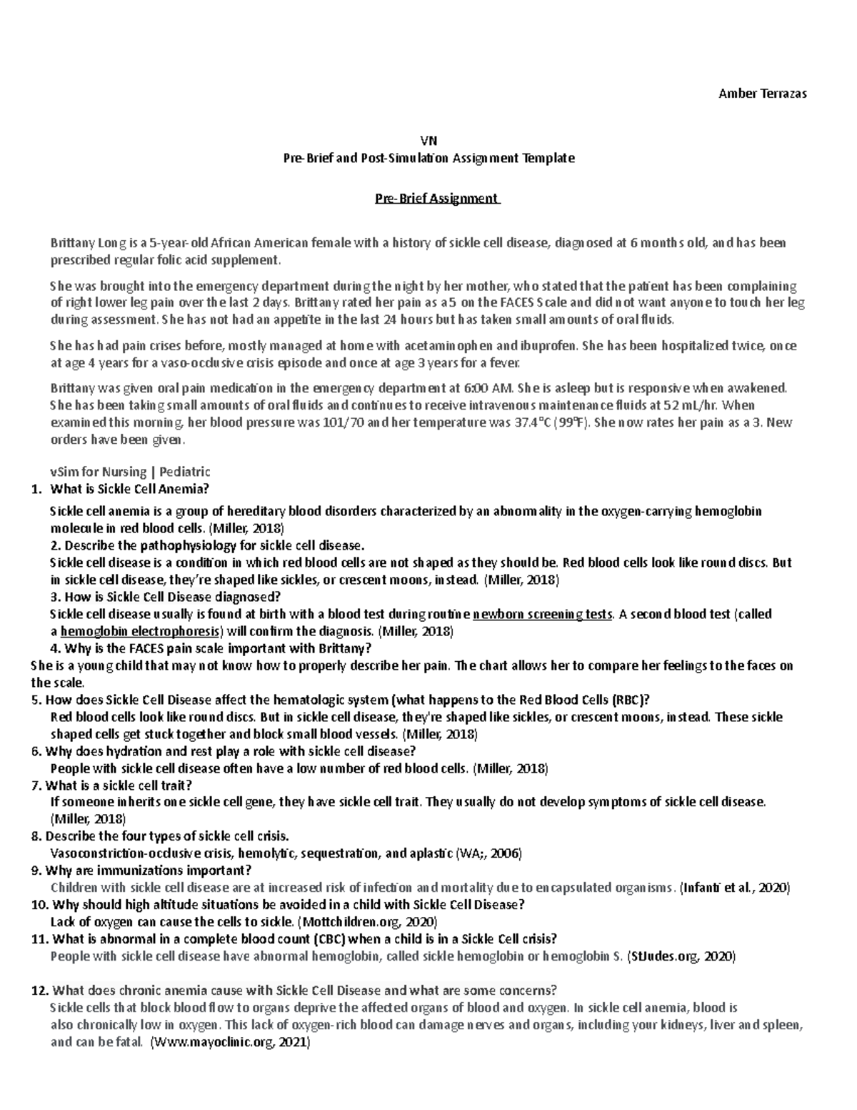 Pre post brief sickle cell assignment - Amber Terrazas VN Pre-Brief and ...