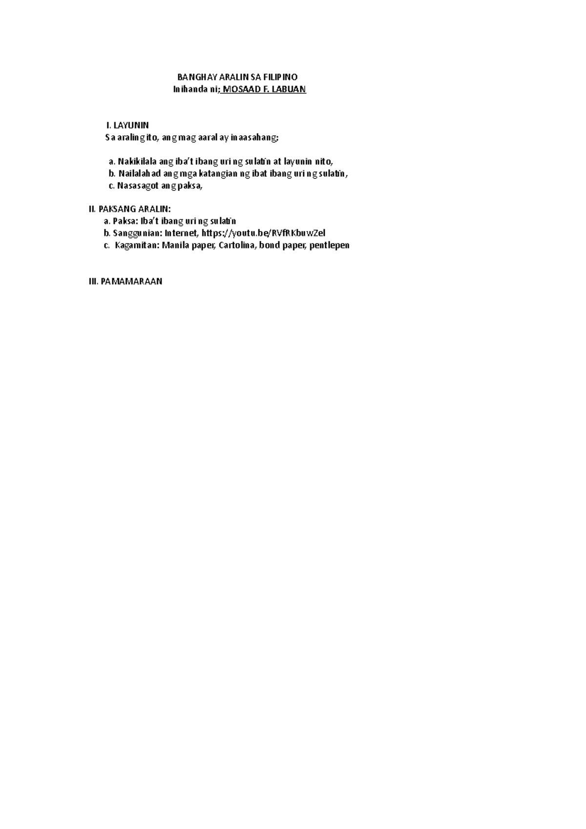 Banghay Aralin SA Filipino - BANGHAY ARALIN SA FILIPINO Inihanda ni ...