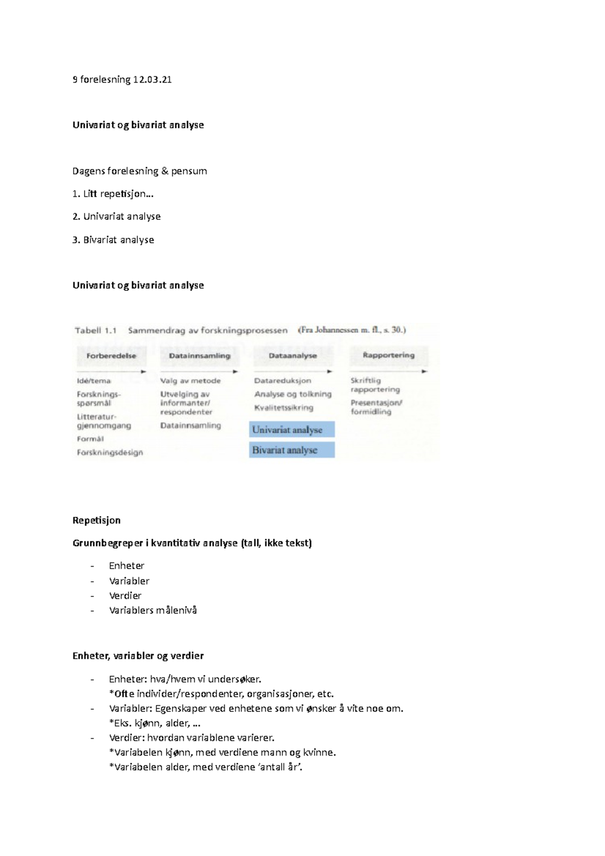 9 forelesning - Univariat og bivariat analyse Dagens forelesning & pensum Litt repetisjon ...
