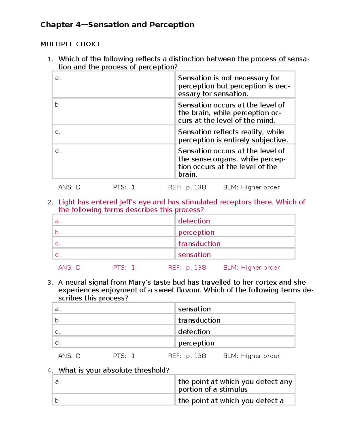 Seminar assignments - chapter 4 - sensation and perception - Chapter ...
