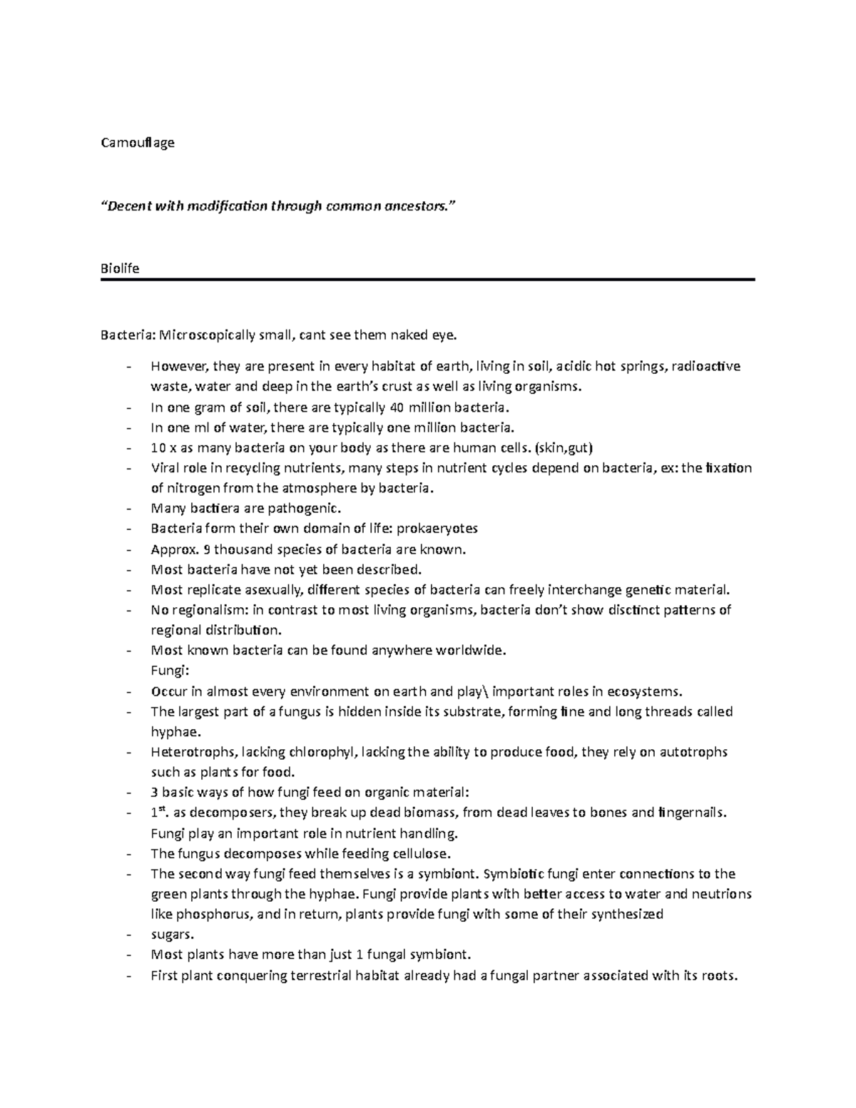 BIOA01 notes - Camouflage “Decent with modification through common ...