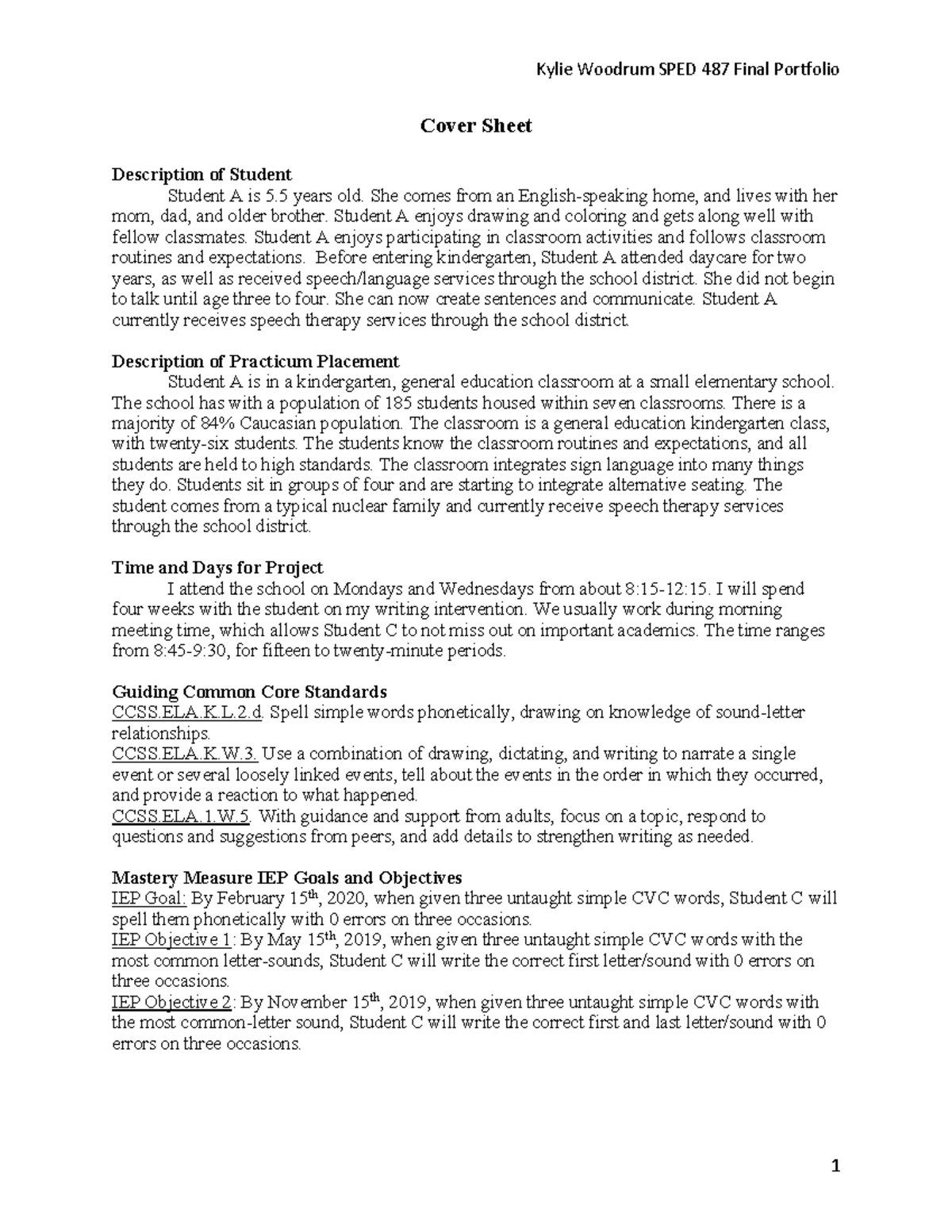 Final Project - Cover Sheet Description of Student Student A is 5 years ...