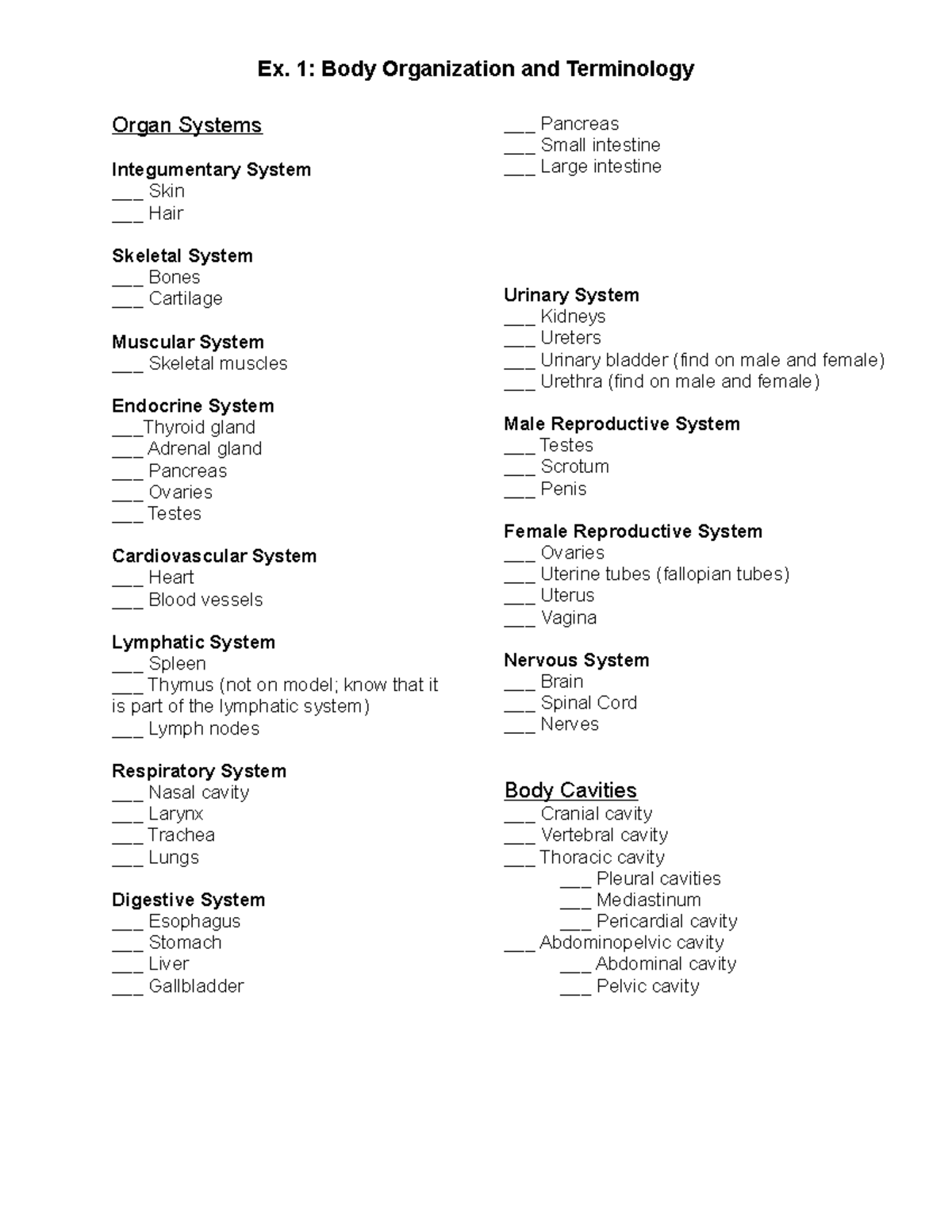 Ex. 1 Body Organization and Terminology Outline - Organ Systems ...