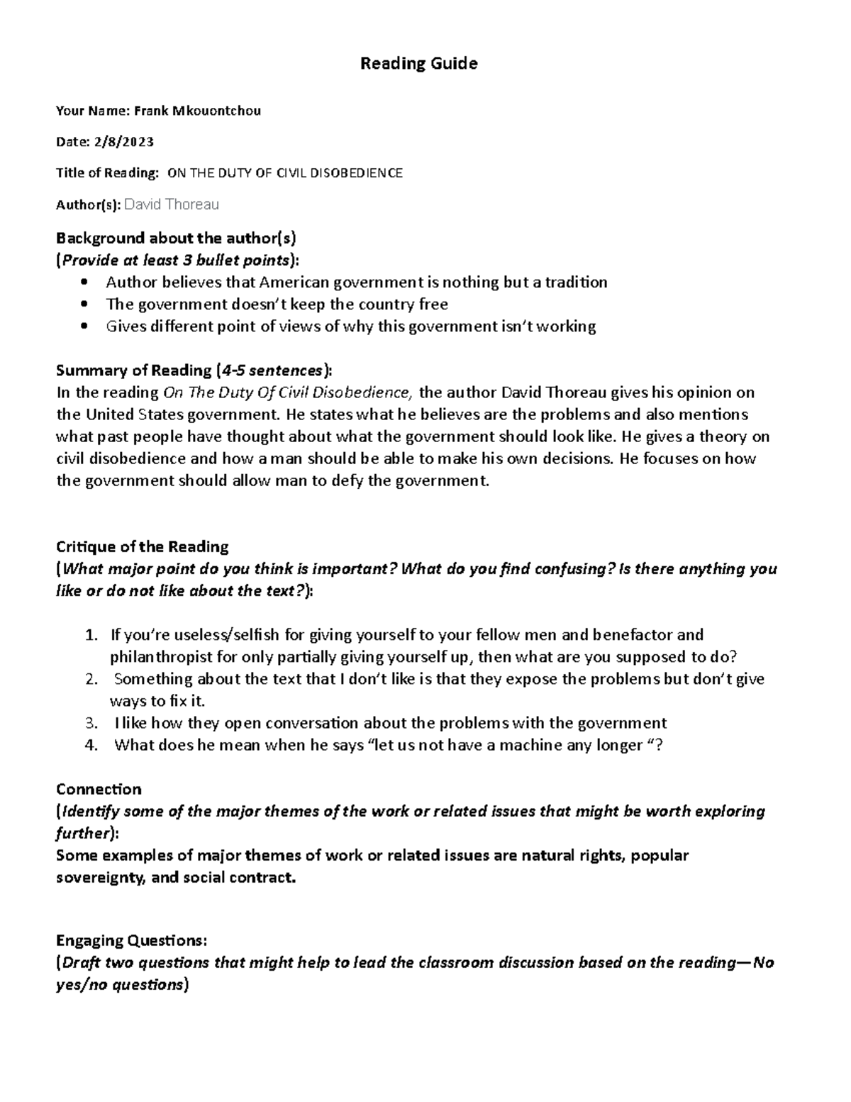 General Reading Guide - Othello Act 1 - Reading Guide Your Name: Frank ...
