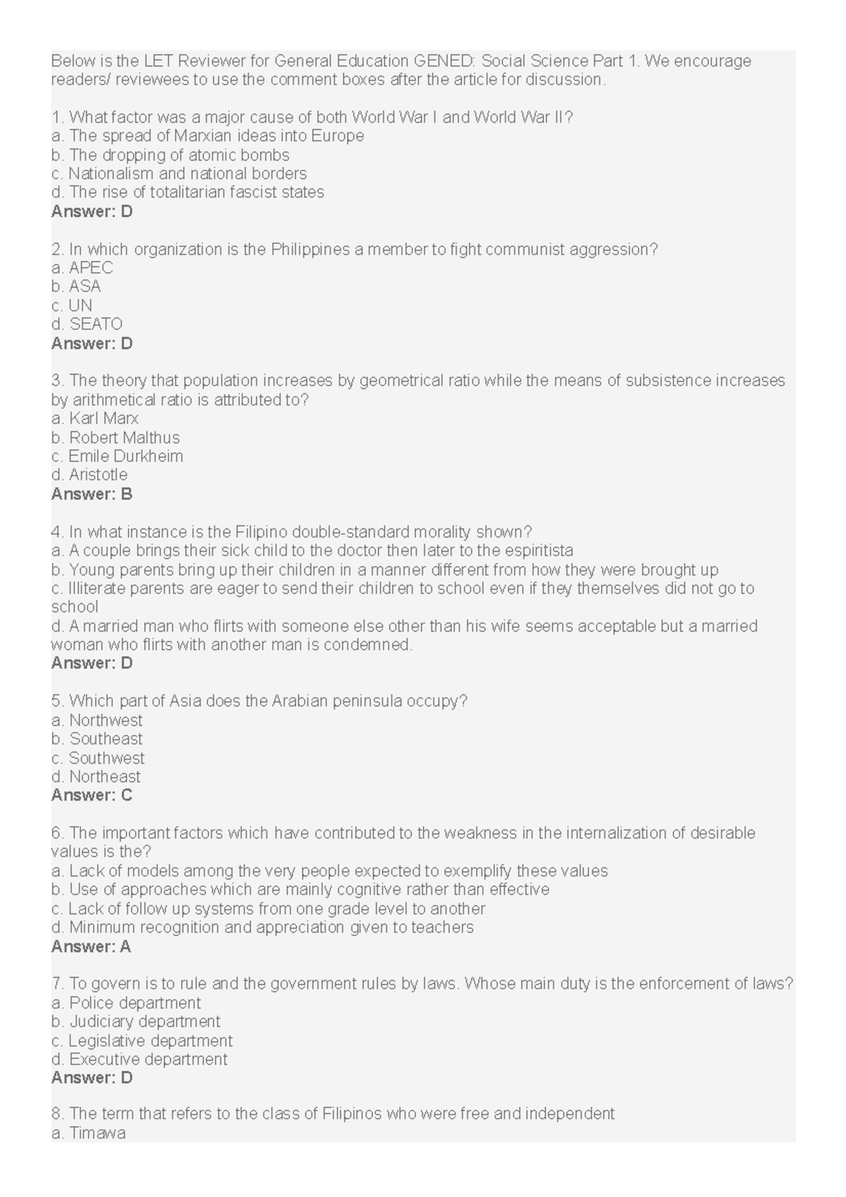 LET SOC SCI Social Sciences - Below is the LET Reviewer for General ...