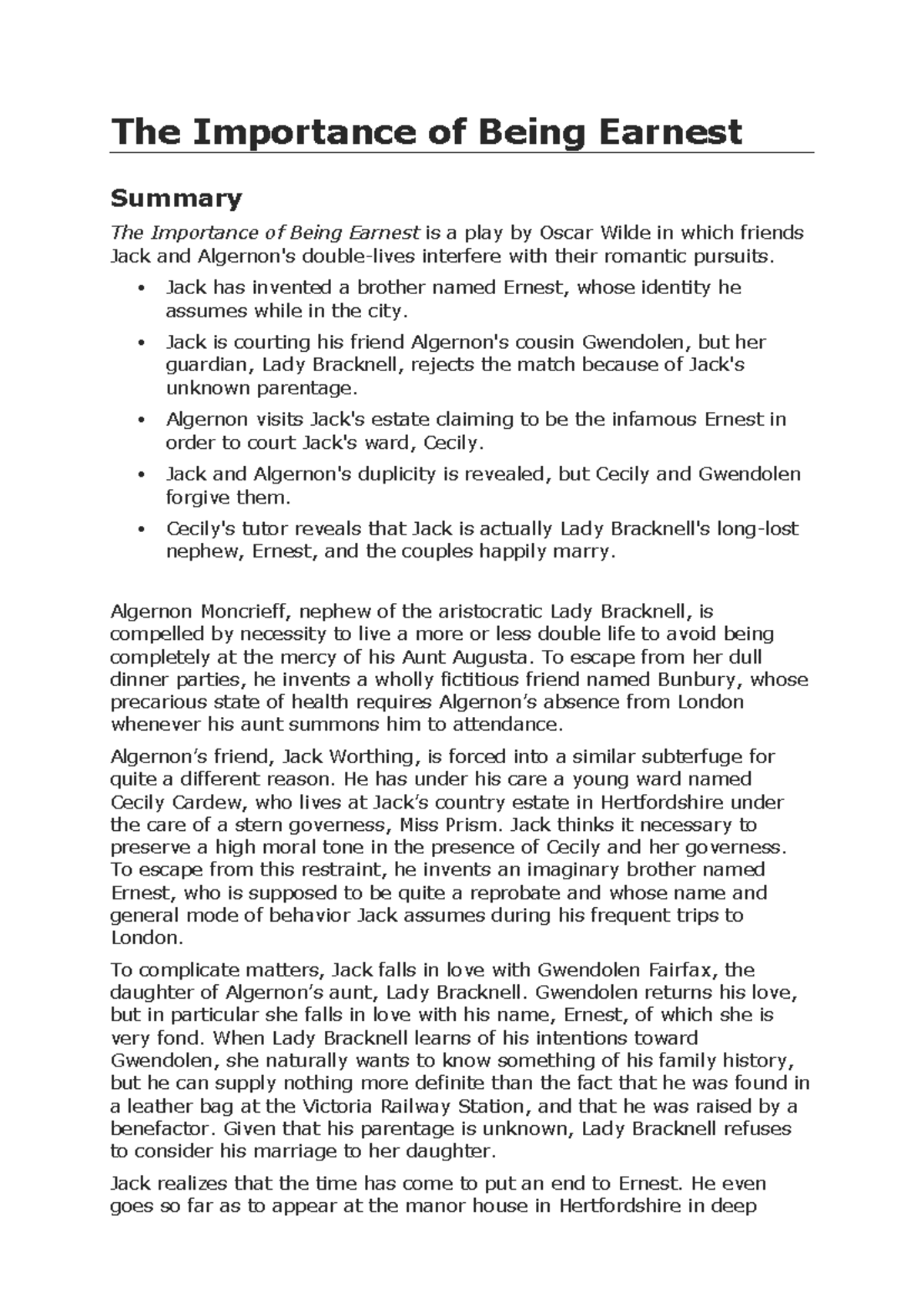 The Importance of Being Earnest - Summary - The Importance of Being ...