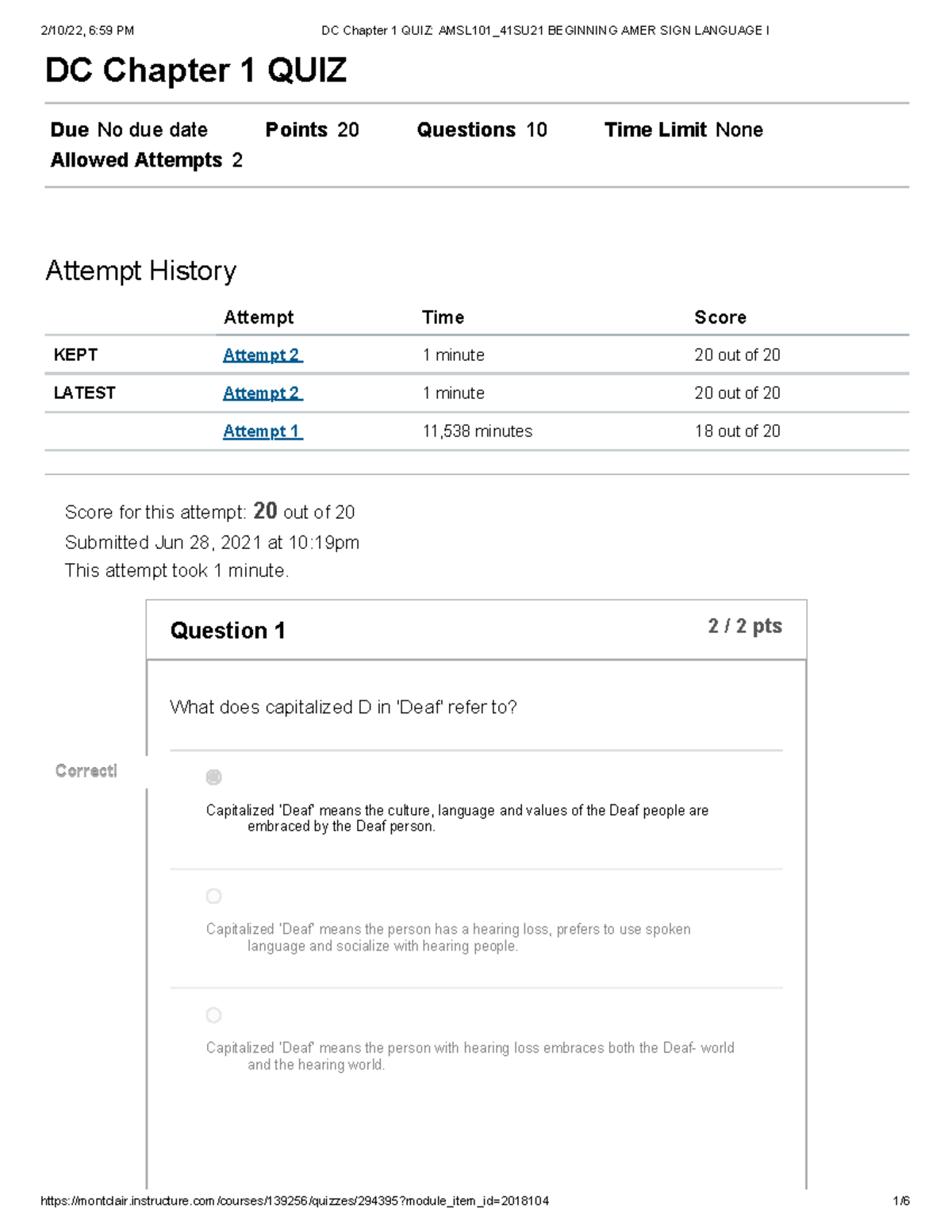 DC Chapter 1 QUIZ AMSL101 41SU21 Beginning AMER SIGN Language I - DC ...
