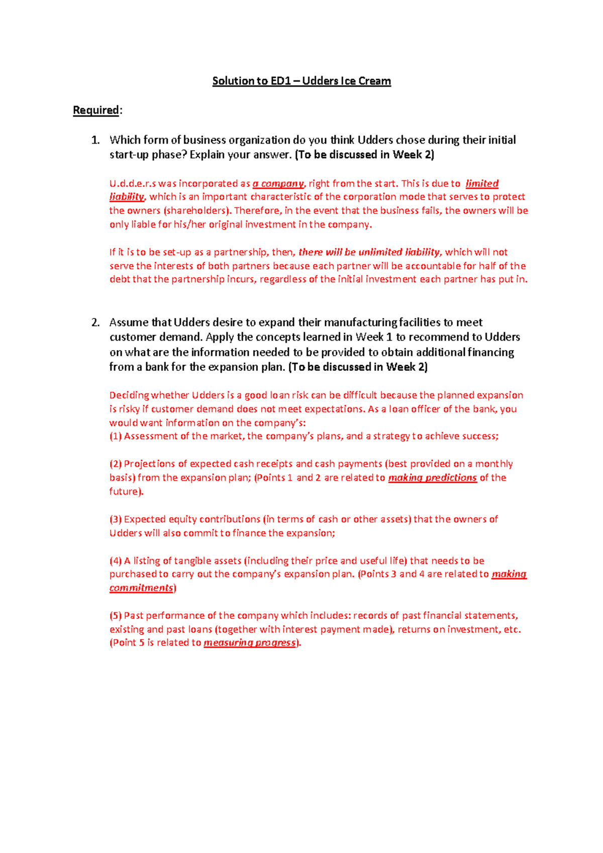 ED1 Solution - case study 1 - Solution to ED1 – Udders Ice Cream ...