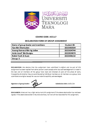ACC117 Group Assignment - DECLARATION FORM OF GROUP ASSIGNMENT INTRODUCTION TO FINANCIAL ...