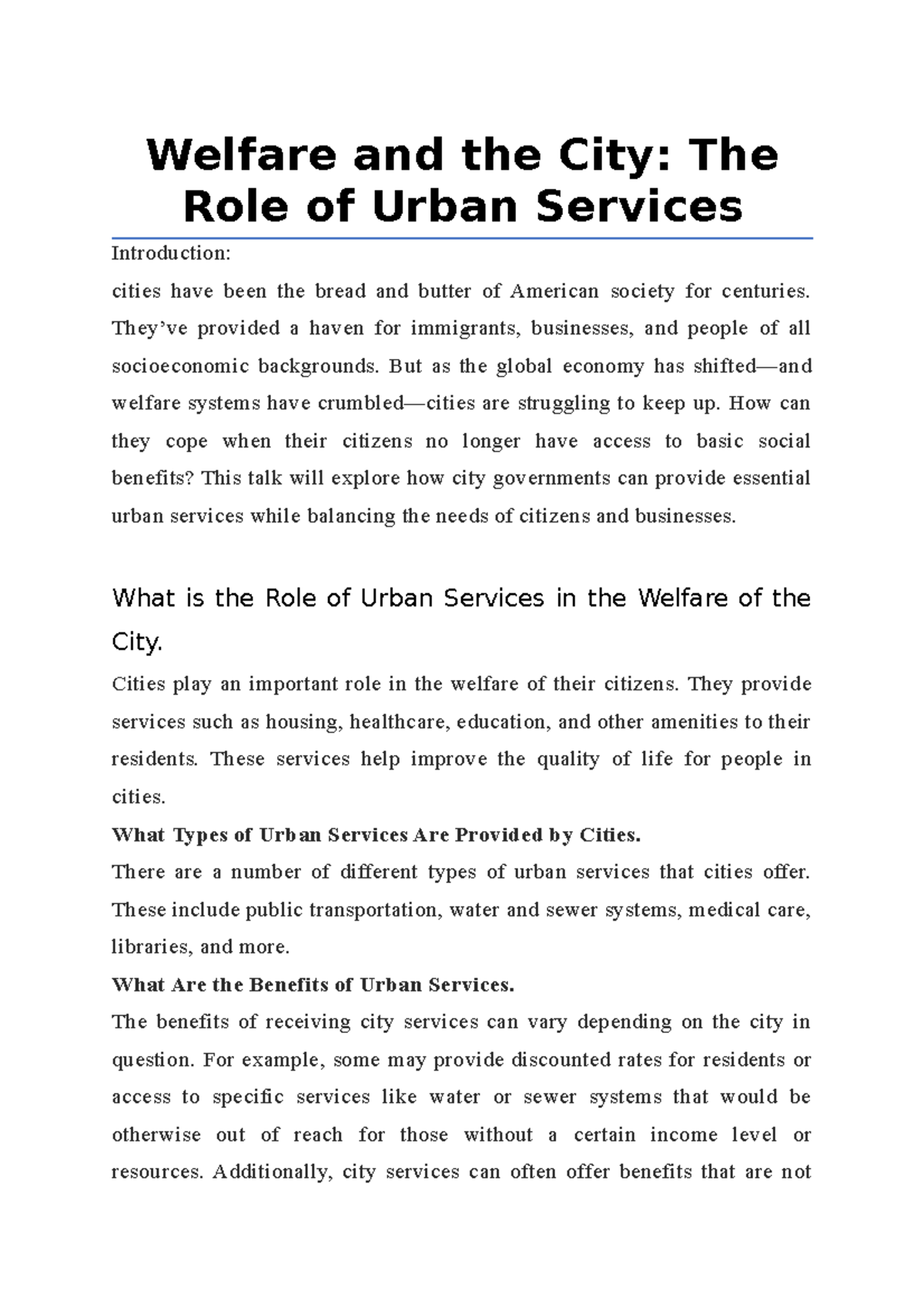Welfare and the City, The Role of Urban Services - Welfare and the City ...