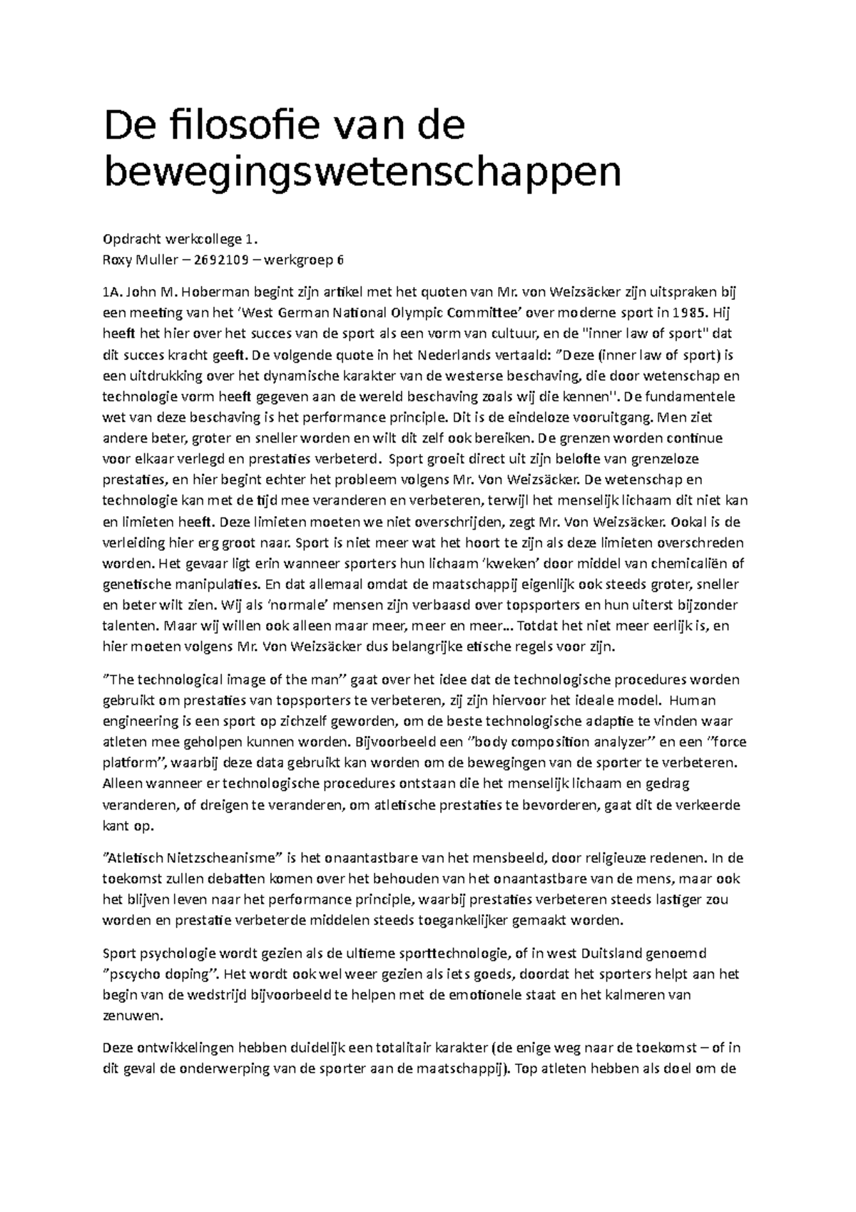 Opdracht werkgroep 1 filosofie van de bewegingswetenschappen - De ...