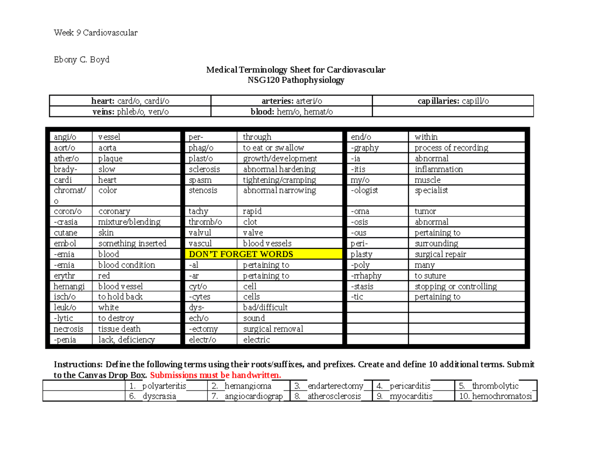 Module 9 Medical Terminology Sheet for Cardiovascular System 2022 ...