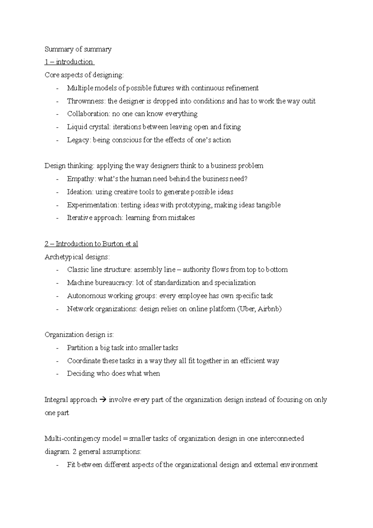 Summary - introduction to organisation design - Summary of summary 1 ...