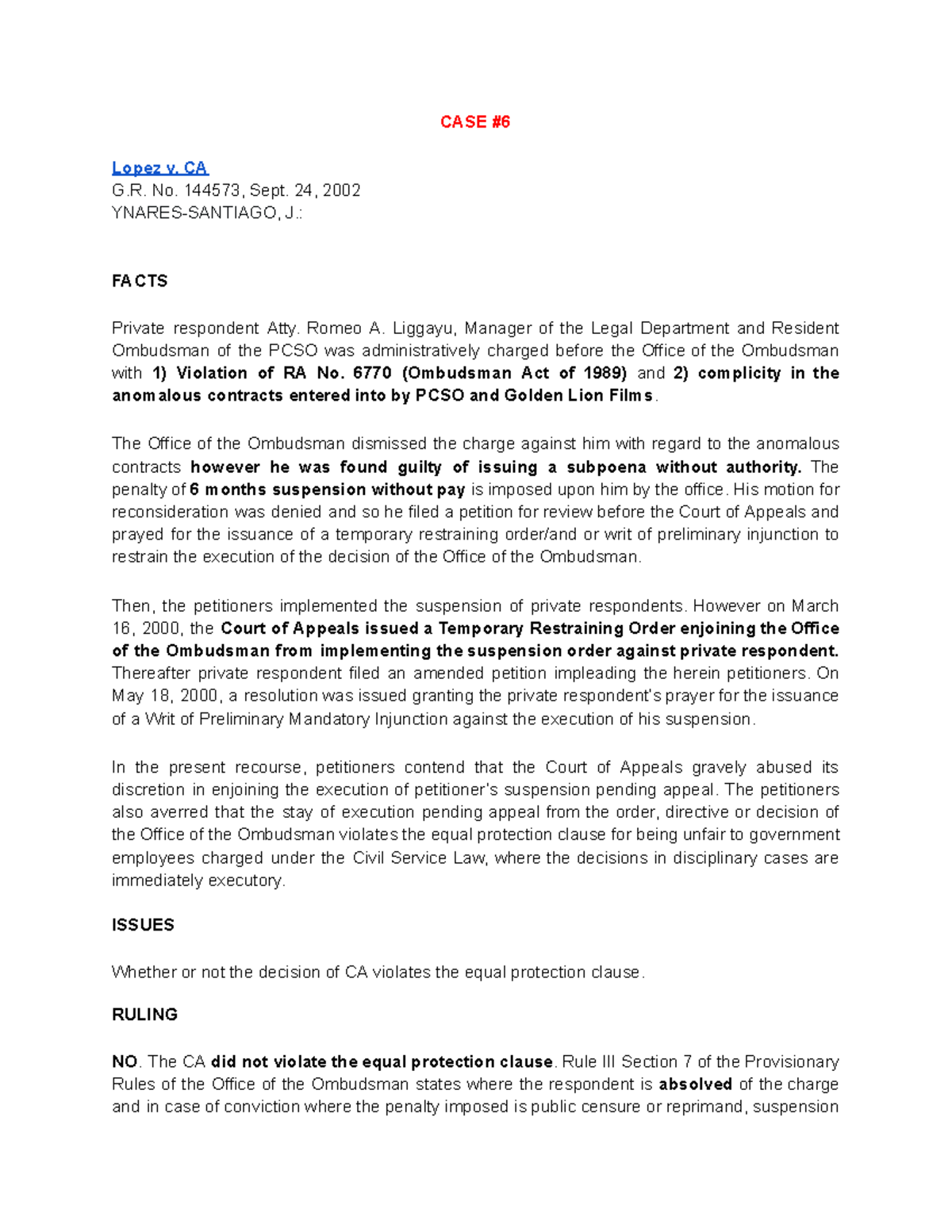 Stat Con Case 6-15 - Case digests - CASE Lopez v. CA G. No. 144573 ...