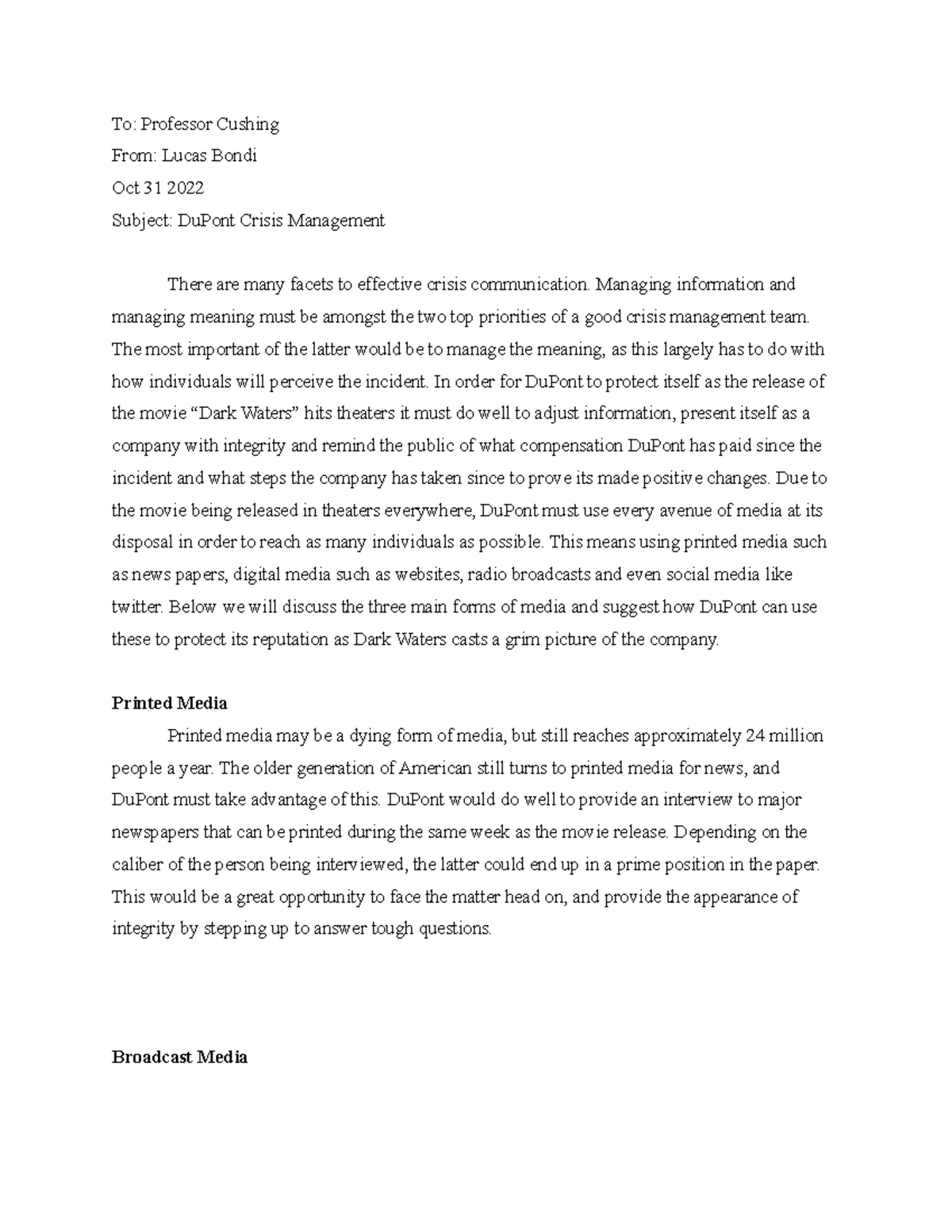 Memo 5 (Crisis Management) - To: Professor Cushing From: Lucas Bondi ...