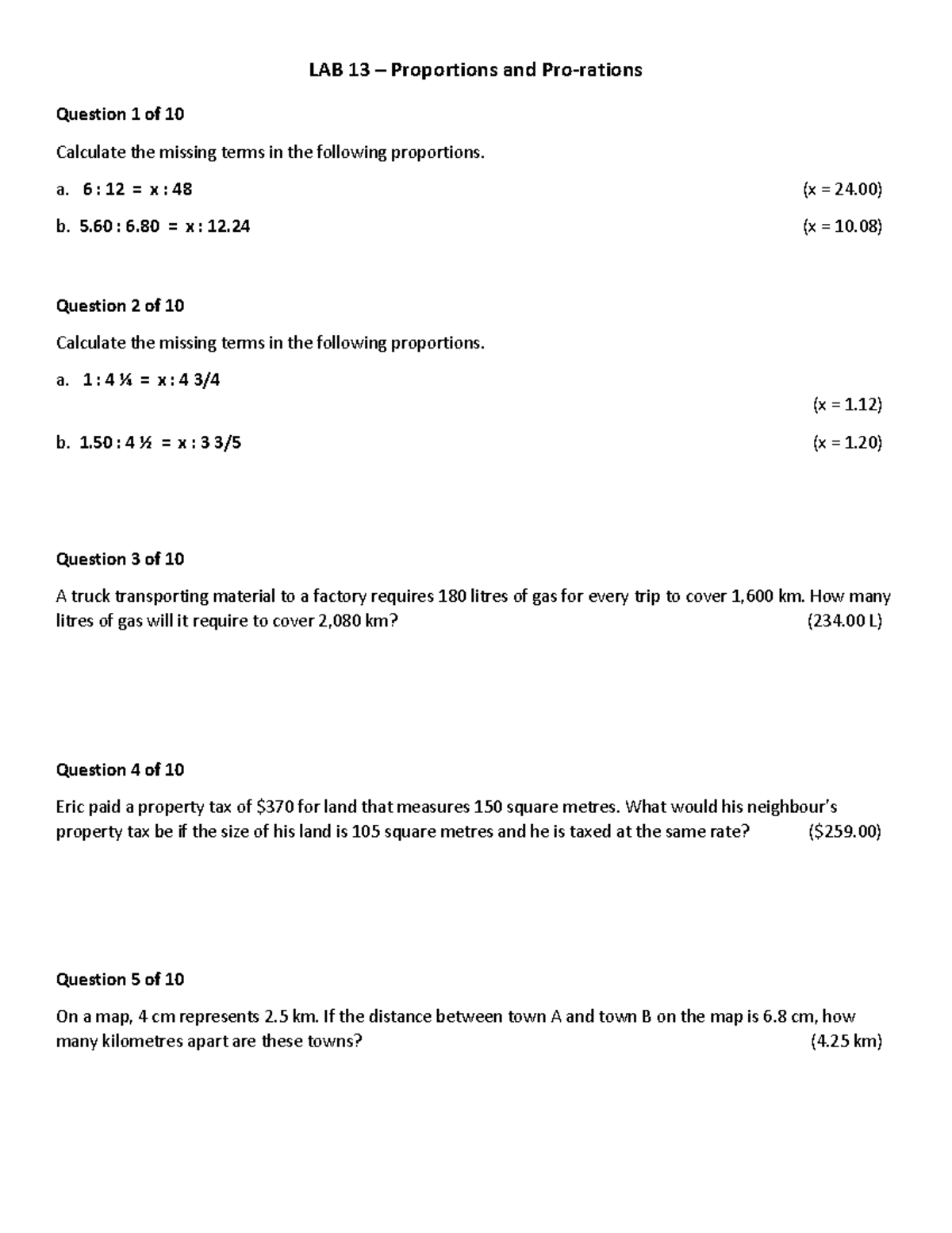 LAB 13 - Proportions and Pro-rations - LAB 13 – Proportions and Pro ...