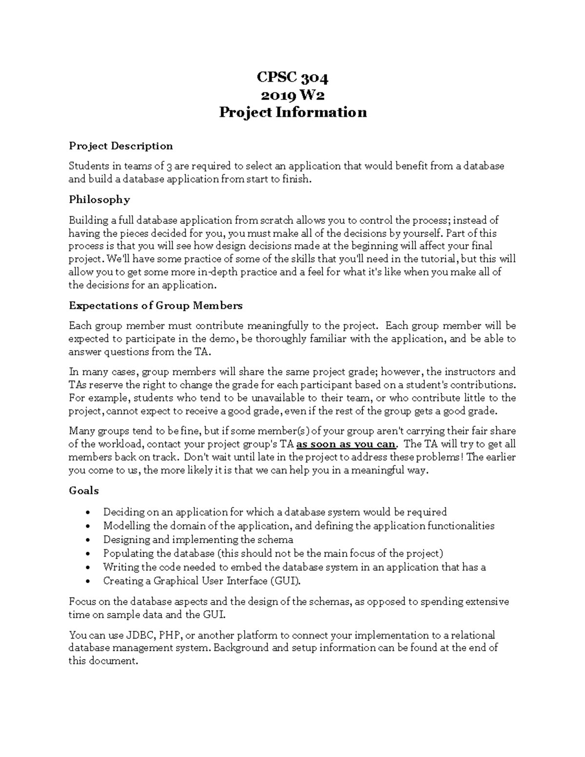 Group Project Description - CPSC 304 2019 W Project Information Project Description Students in ...