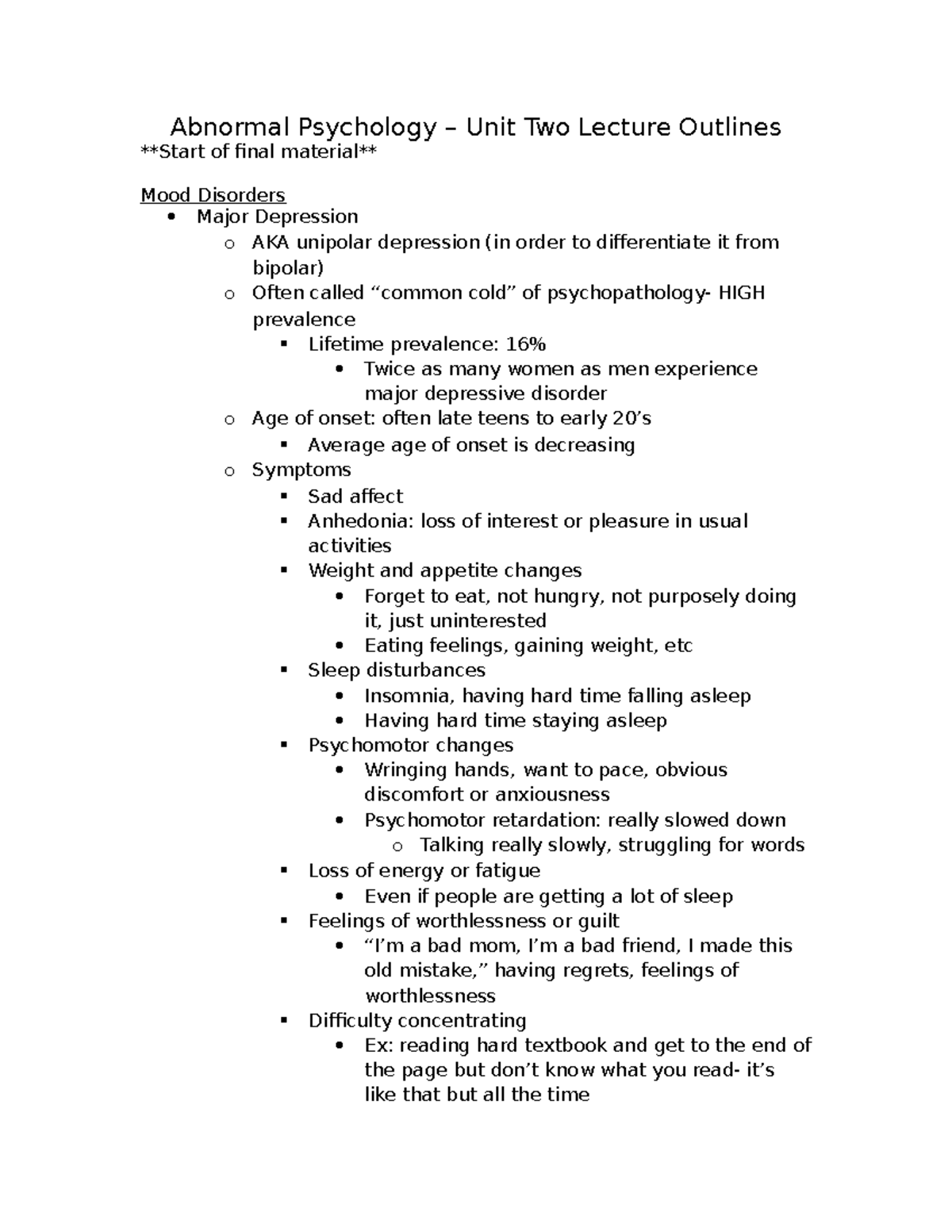 Abnormal Unit Two Notes - Abnormal Psychology – Unit Two Lecture ...