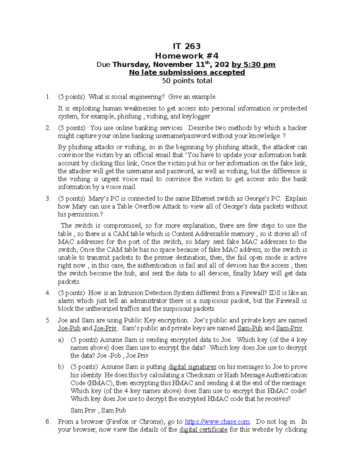 IT263-HW4 - answer sheet - IT 263 Homework Due Thursday, November 11th ...