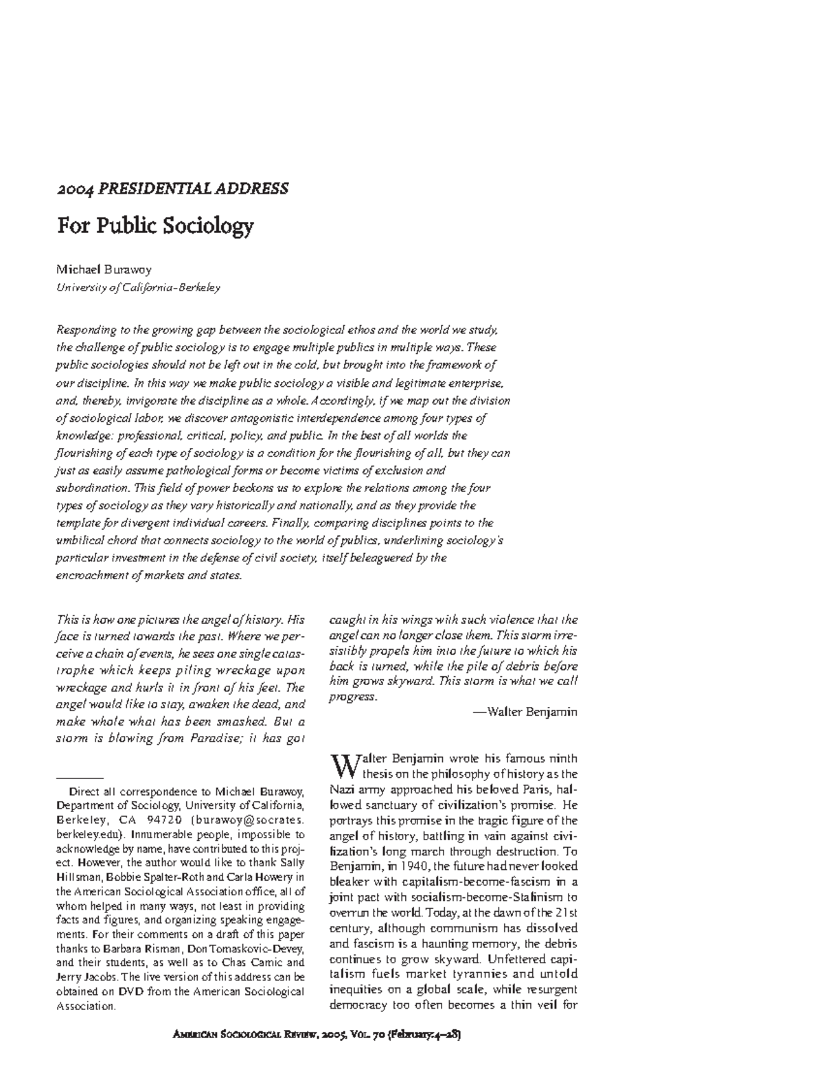 Burawoy - reading - This is how one pictures the angel of history. His ...