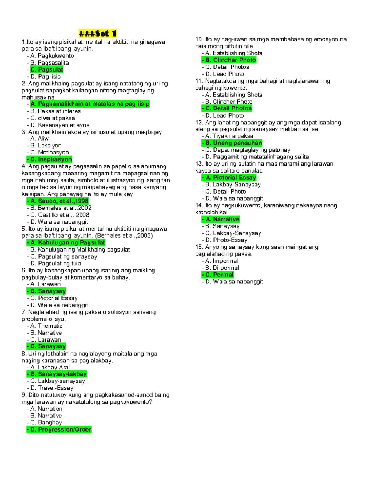 MGA Tanong SA Bawat Pangkat - ###Set 1 1 ay isang pisikal at mental na ...