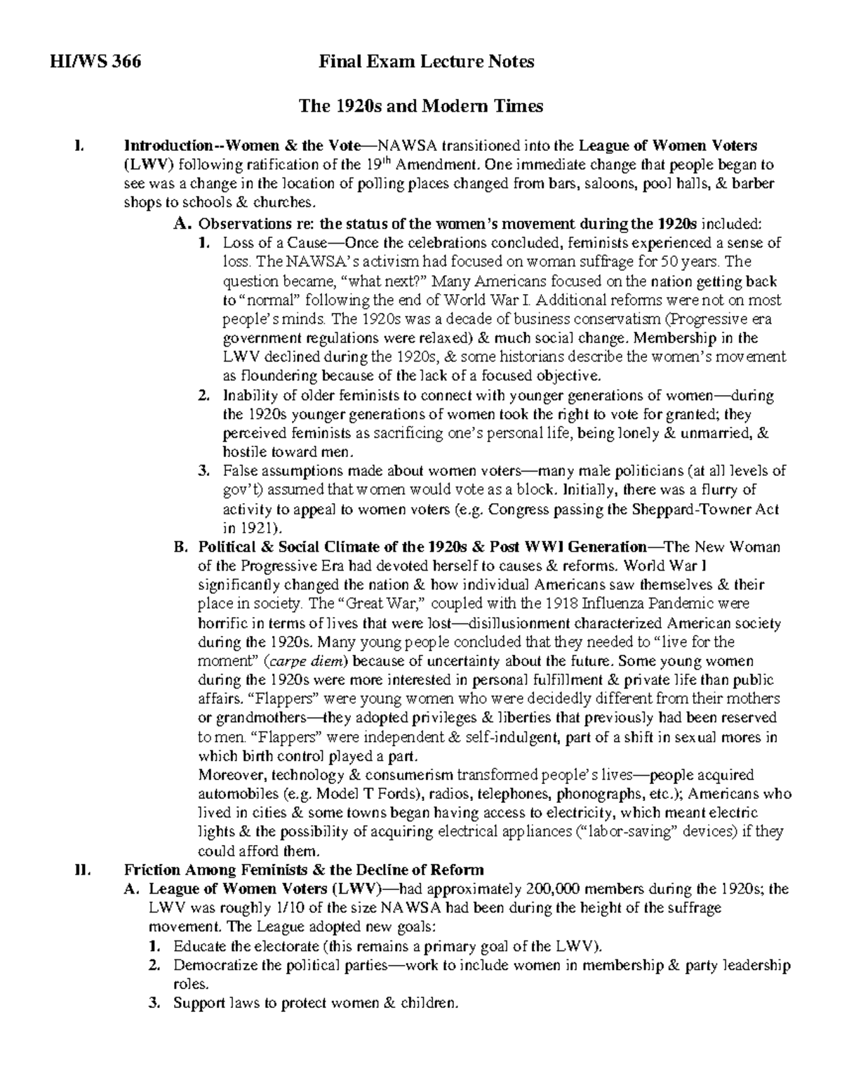 HI/Ws 366 Final Exam Lecture Notes, the 1920s - HI/WS 366 Final Exam ...
