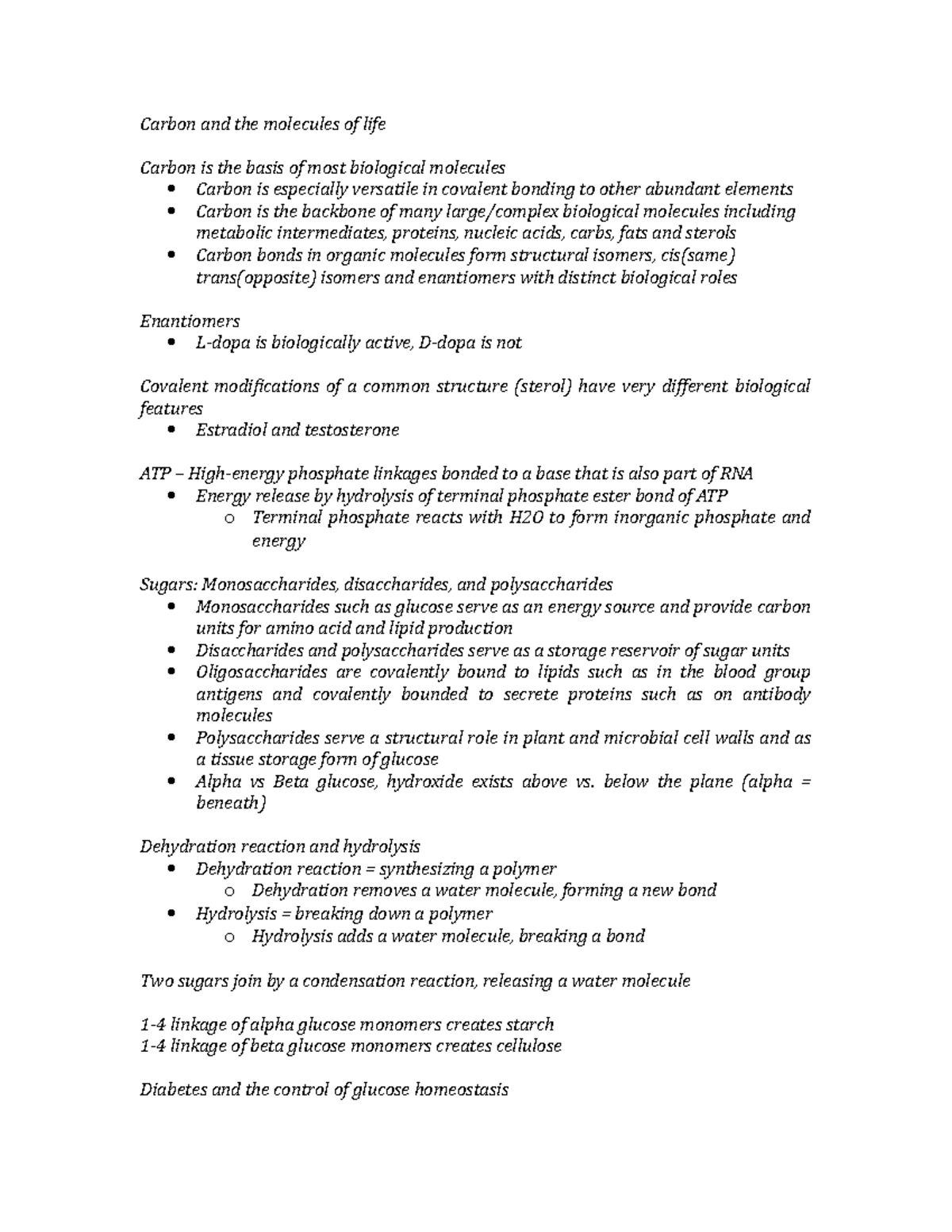 S1L2 - Notes - Carbon and the molecules of life Carbon is the basis of ...
