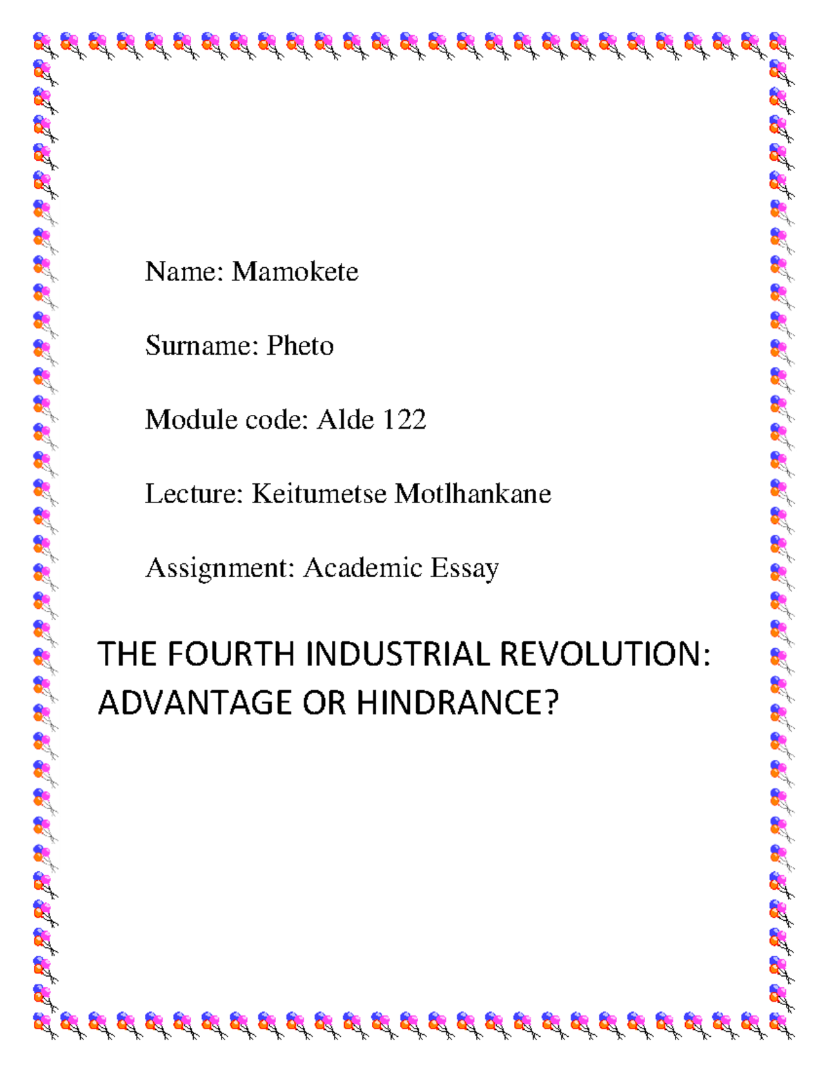 26759624 Alde 122 formal assessment 1 draft - Name: Mamokete Surname ...