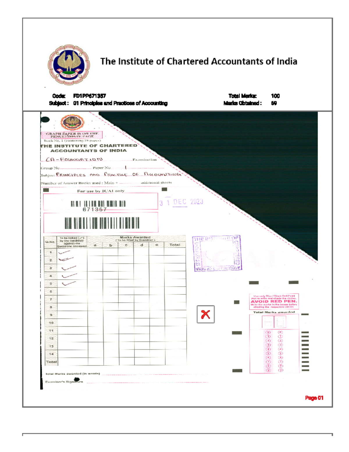 Answersheet Accounts paper 1 ICAI certified copy - Subject : 01 ...