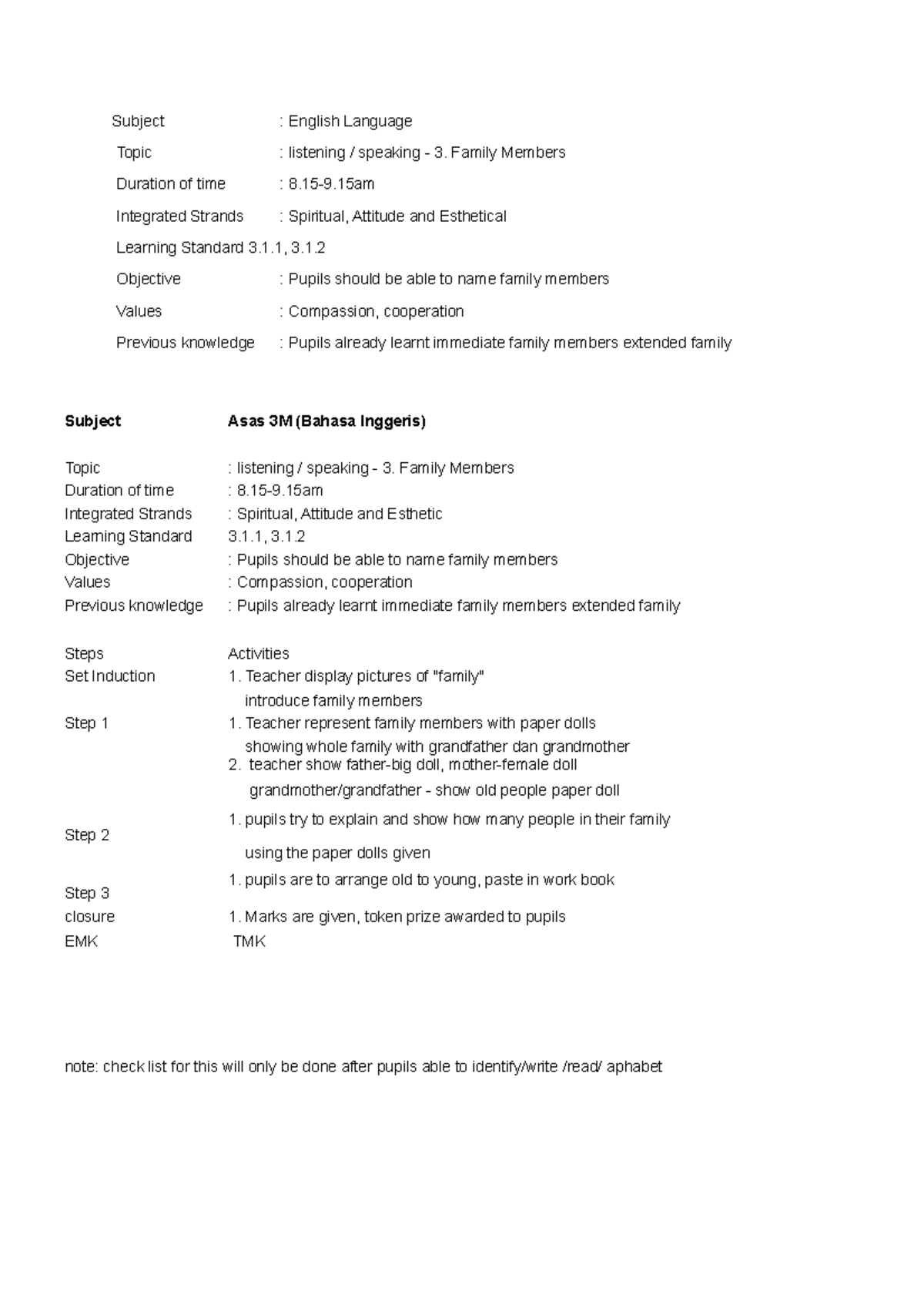 Lesson PLAN - Subject : English Language Topic : listening / speaking ...