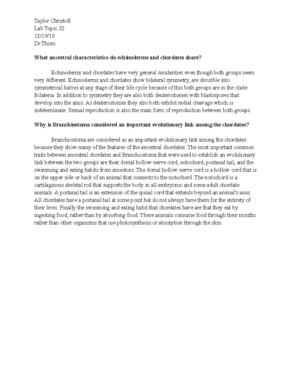 LAB 22 echinoderms and chordates - Taylor Christofi Lab Topic 22 12/19 ...