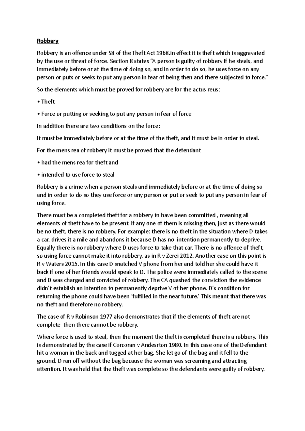 Robbery - summary - Robbery Robbery is an offence under S8 of the Theft ...
