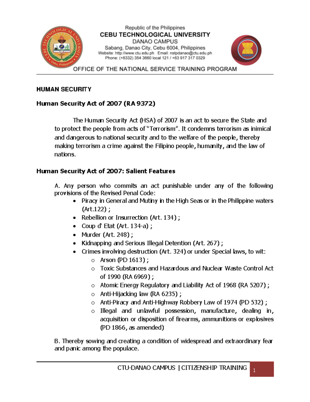 3A Citizenship Training and other National Concerns - HUMAN SECURITY ...