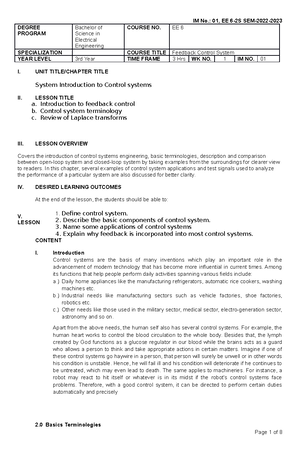 Feedback Control Systems 2 - DEGREE PROGRAM Bachelor of Science in Electrical Engineering COURSE ...