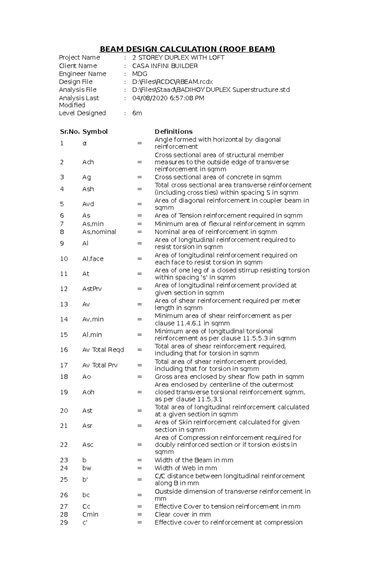 R BEAM - SSS - BEAM DESIGN CALCULATION (ROOF BEAM) Project Name : 2 ...