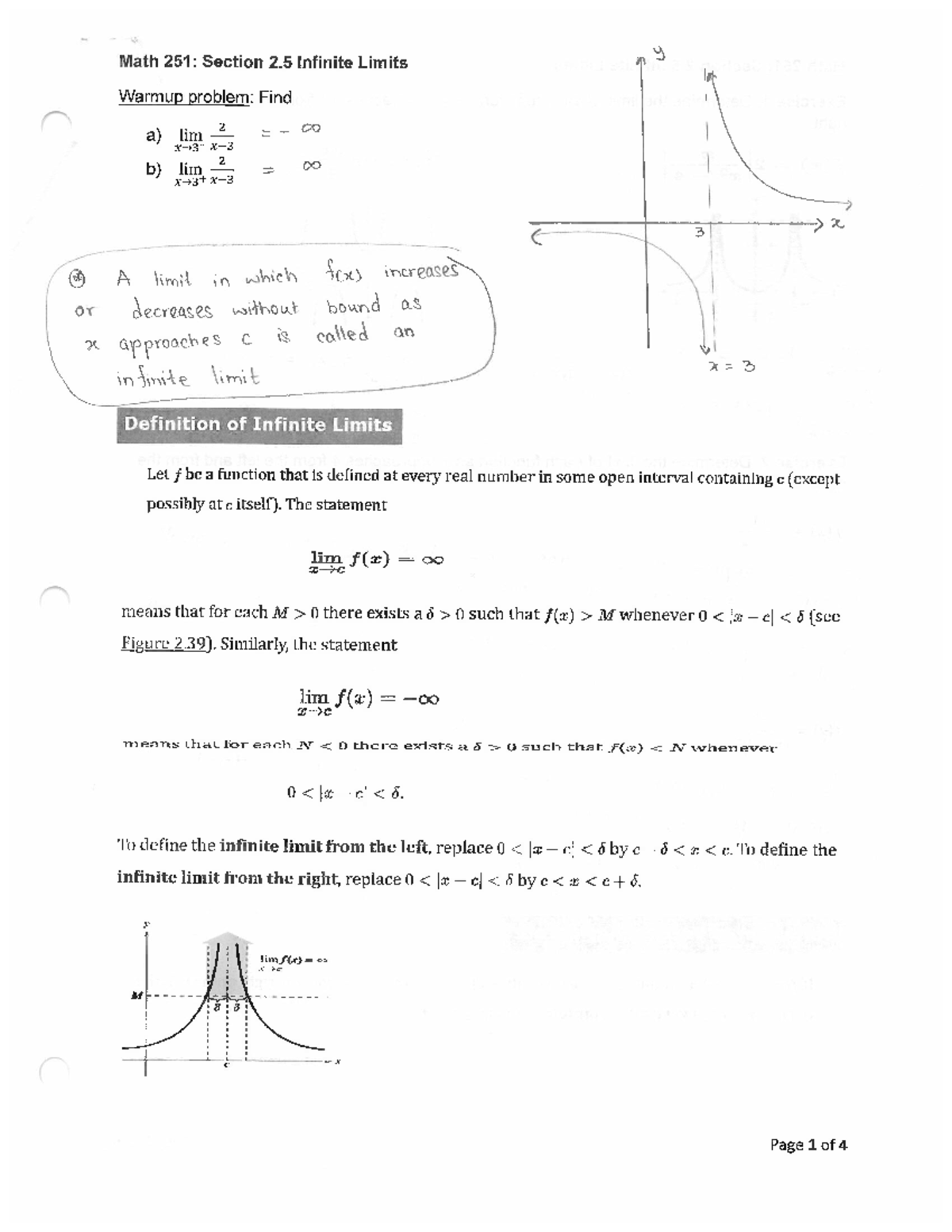 Section 2.5 Completed Handout - Math 251: Section 2 Infinite Limits y Warmup problem: Find a ...