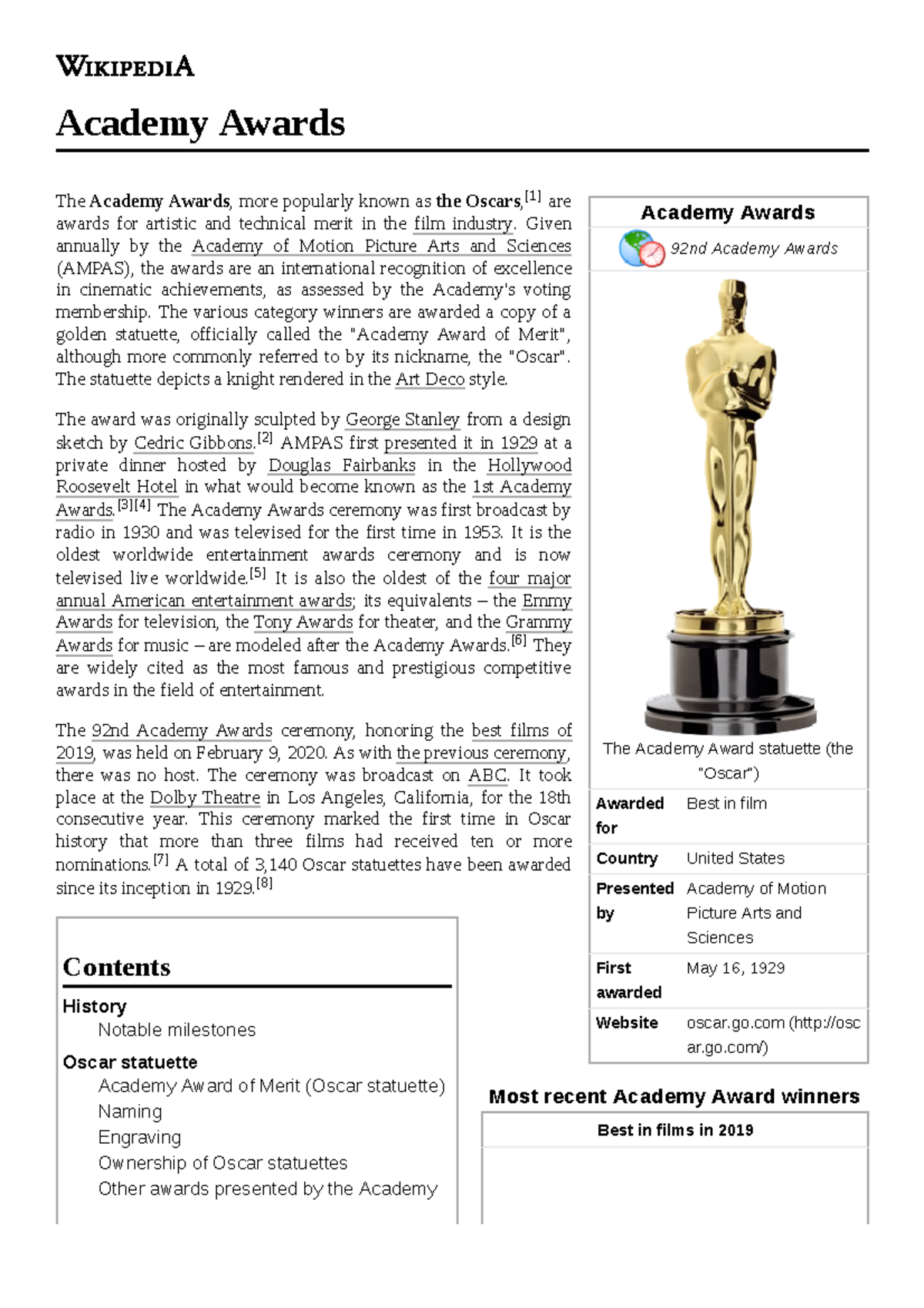 Academy Awards - An article explaining the most prestigious award in ...