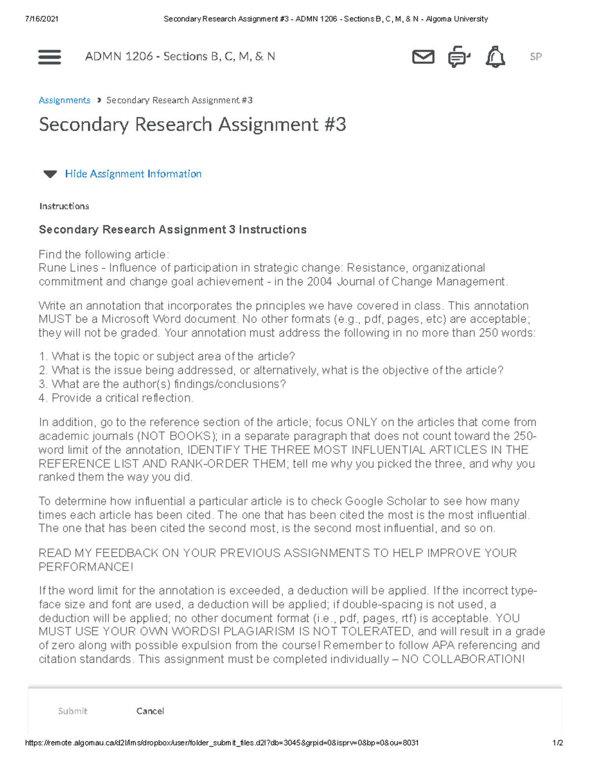 Secondary Research Assignment #3 - ADMN 1206 - Sections B, C, M, & N ...