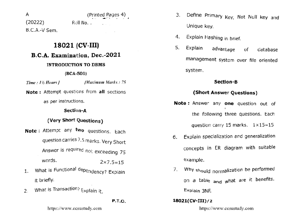 Bca dbm - It is a previous year question paper of year 2021 - Data base ...