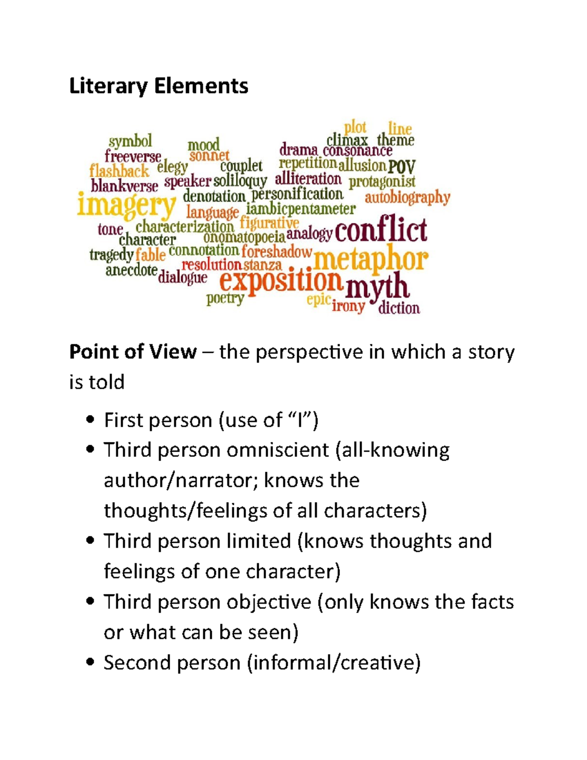 Literary Elements Summary English Literary Elements Point Of View