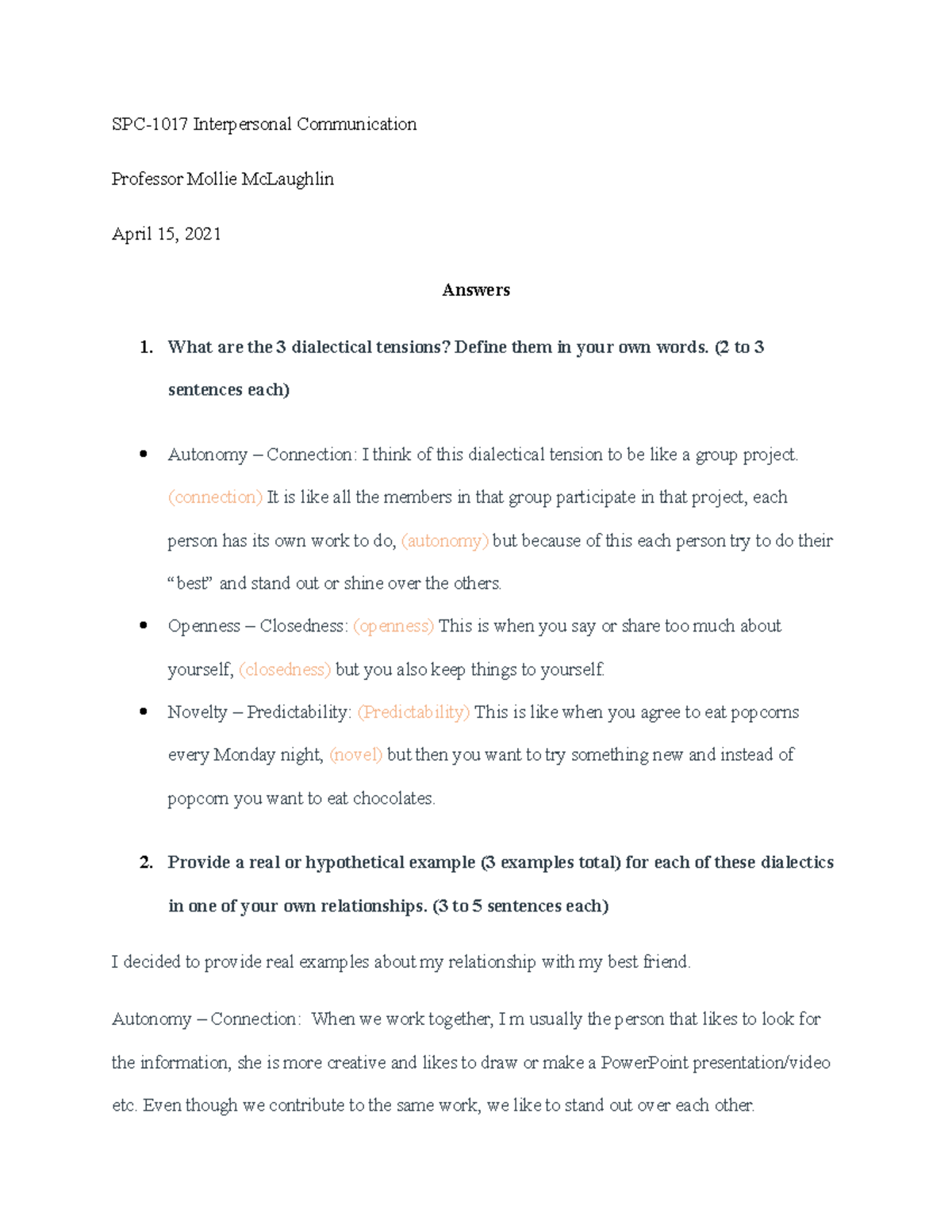 Dialectical Tensions - Lecture notes 2 - SPC-1017 Interpersonal ...