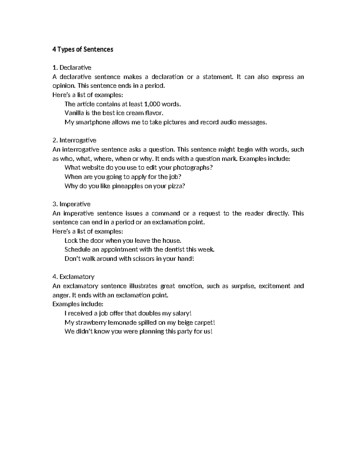 4 Types of Sentences - dsstr - 4 Types of Sentences Declarative A ...