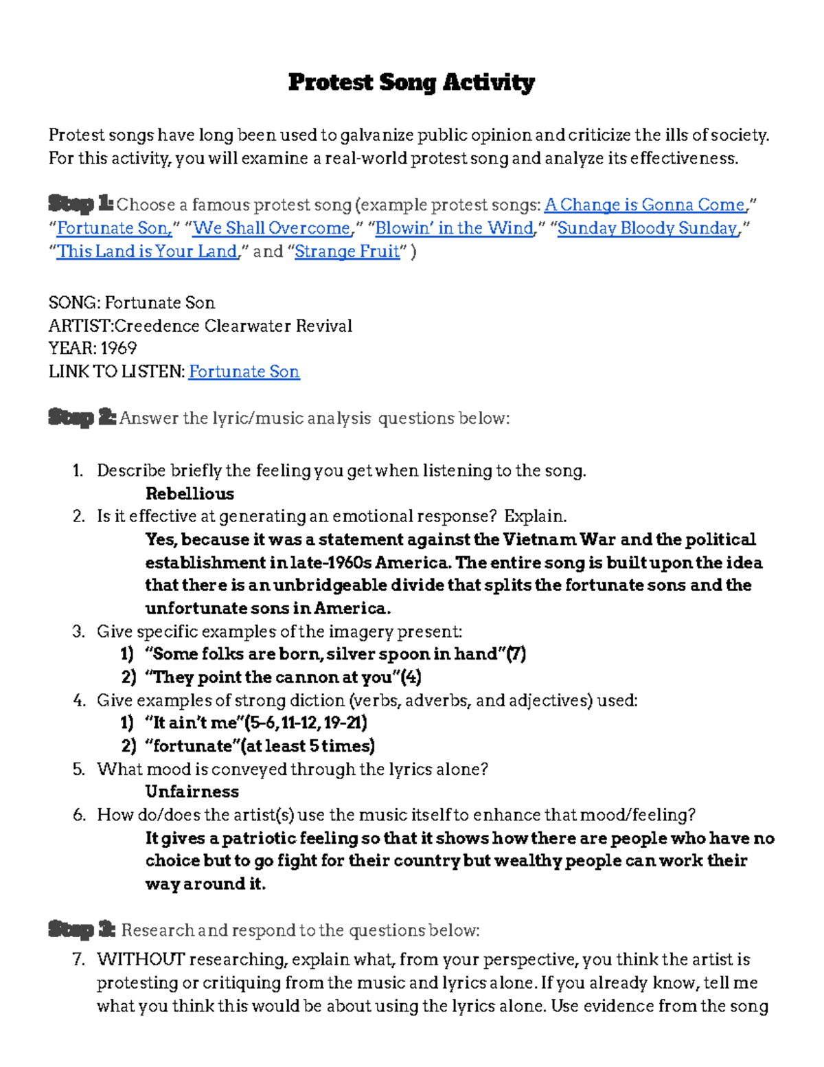 Digital Day 10.20 Protest Songs - Protest Song Activity Protest songs ...